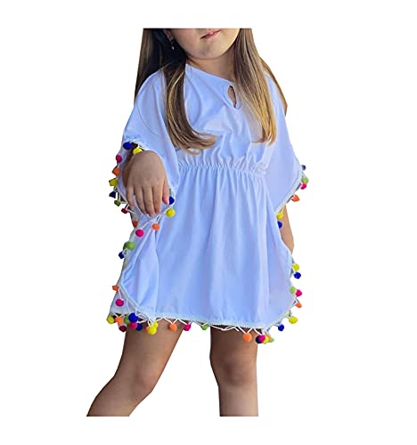 Tiacham Toddler Baby Girls Swimsuit Coverup Beach dresses Tassels Cover Up Pompom Poncho Rash Guards (White, 3-4T)