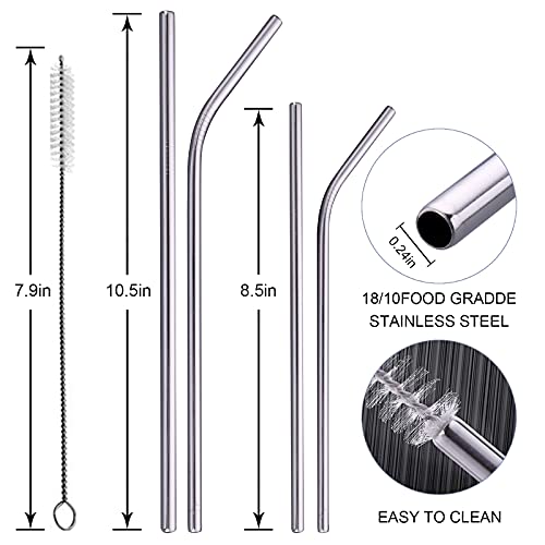12-Pack Reusable 18/10 Stainless Steel Metal Straws with Silicone Tips & Cleaning Brush, Suotarn Long Drinking Straws for 20 24 30 oz Coffee Tumbler Travel Mug Cup, Dishwasher Safe, Silver