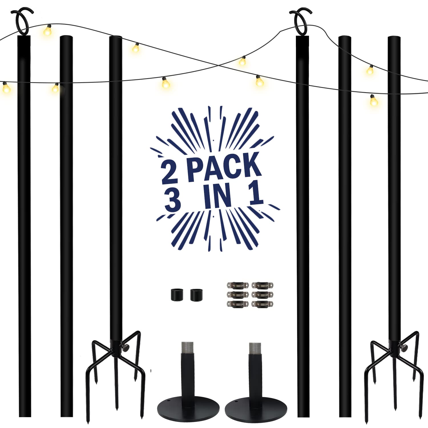 2 Pack 9ft String Light Poles with Upgrade Hooks, Premium 3 Functions Steel Lighting Pole - with Sturdy 5-Prong Fork and Metal Base, Poles for Outdoor String Lights - Party, Deck, Wedding Decorations