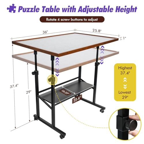 Sunix 1500 Pieces Jigsaw Puzzle Table with Legs, 36"x26" Adjustable Height Puzzle Board with Cover & 6 Sorter Tray, 12-Tilting-Angle Portable Wooden Puzzle Table for Adults