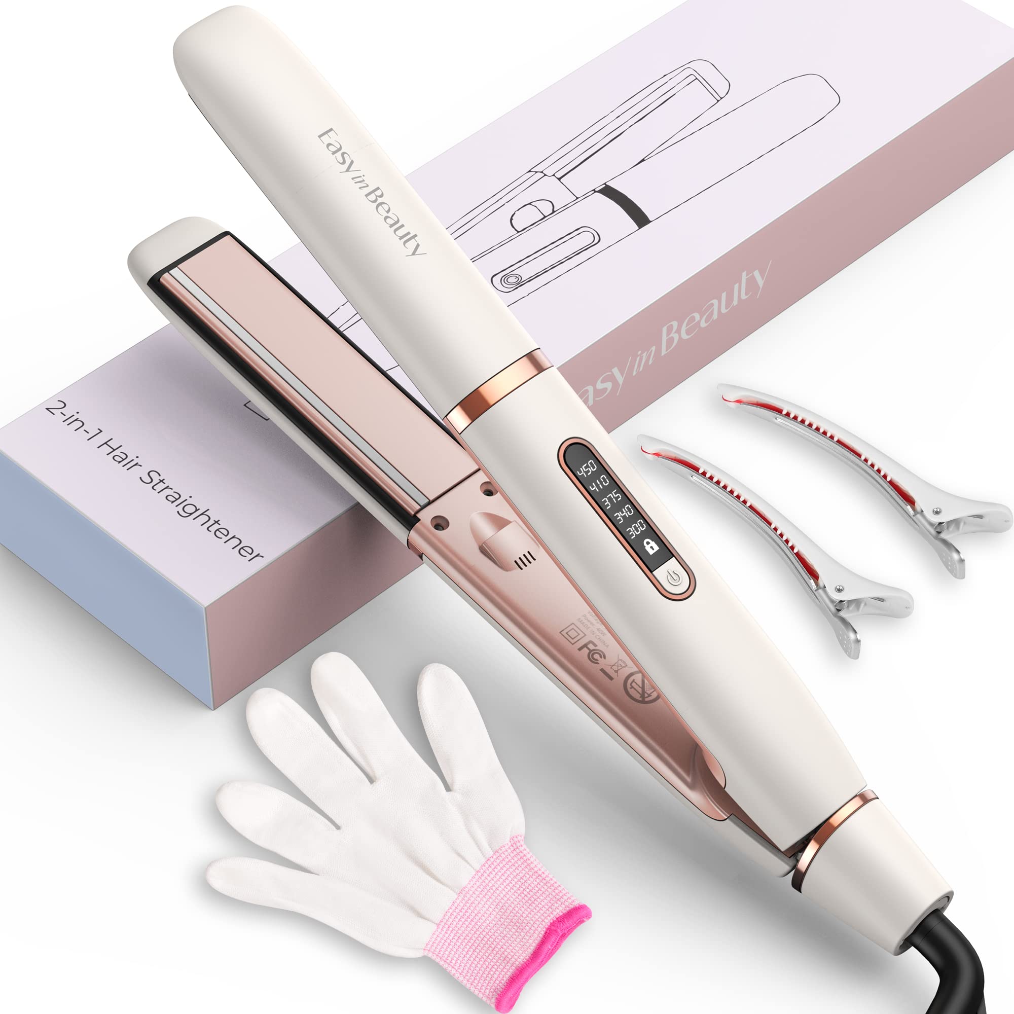 EasyinBeauty Hair Straightener Flat Iron with Ionic Infrared, 1 Inch Professional Hair Straightener and Curler 2 in 1, Ceramic Tourmaline Flat Iron with 5 Adjustable Temp, LED Display, Fast Heating