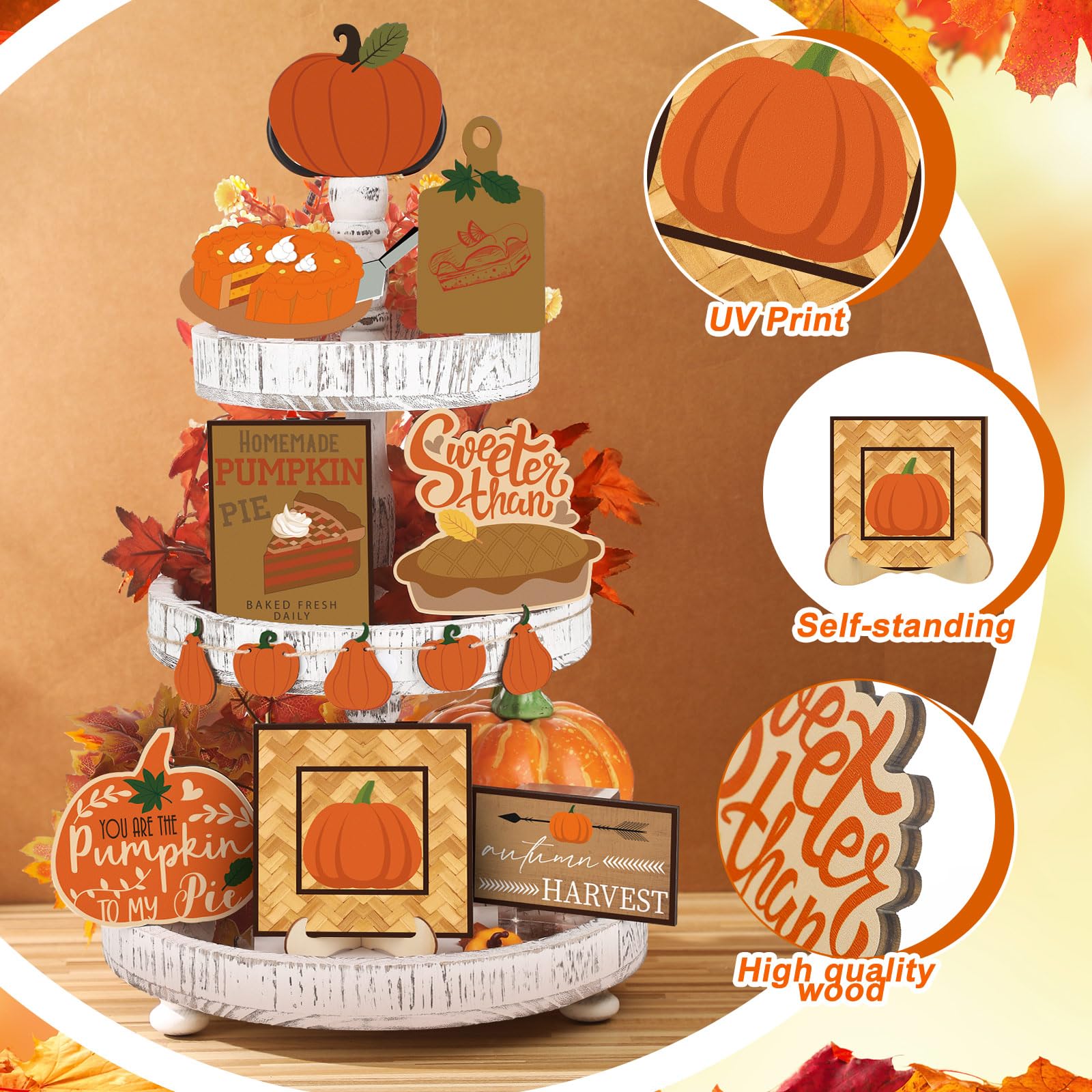 12 Pieces Fall Tiered Tray Decor Set Welcome Autumn Pumpkins Tray Decor Hello Autumn Maple Leaf Wood Table Decor Thanksgiving Decorations for Holiday Fall Farmhouse Home Centerpiece (Novelty Style)