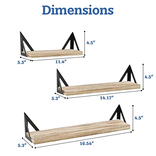 Halter Wall Book Shelves for Bedroom, Small Wall Shelf, Mounted Floating Wall Shelving, Hanging Shelves with Angle Brackets, Wall Shelves for Bedroom, Bathroom, Kitchen, Light Brown,Set of 3