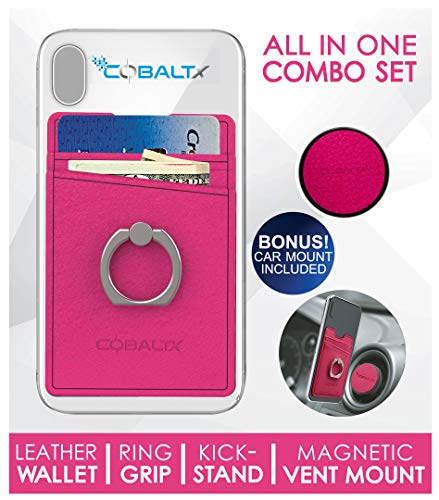 COBALTX Leather Cell Phone Ring Wallet Adhesive and Matching Magnetic car Vent Mount Card Holder Back of Phone All in one Combo Wallet Ring Grip Kick Stand Phone Wallet Stick on with Ring (Hot Pink)