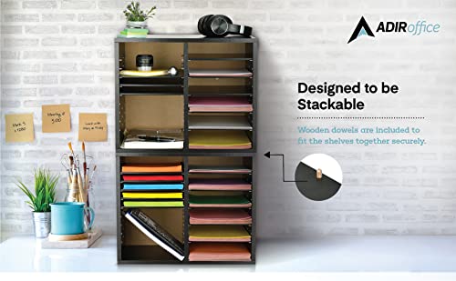 Adir Wooden Literature Organizer Sorter - Stackable File Mail Craft Paper Storage Holder with Removable Shelves for Office, Classrooms, and Mailrooms Organization (12 Compartment, Black)