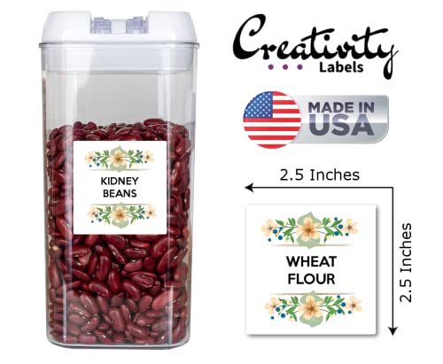 144 Pantry Labels for Food Storage Containers, Waterproof Printed on White Glossy Labels, Household Stickers + Numbers, Floral Kitchen, Water Resistant, Organization for Jars and Canister