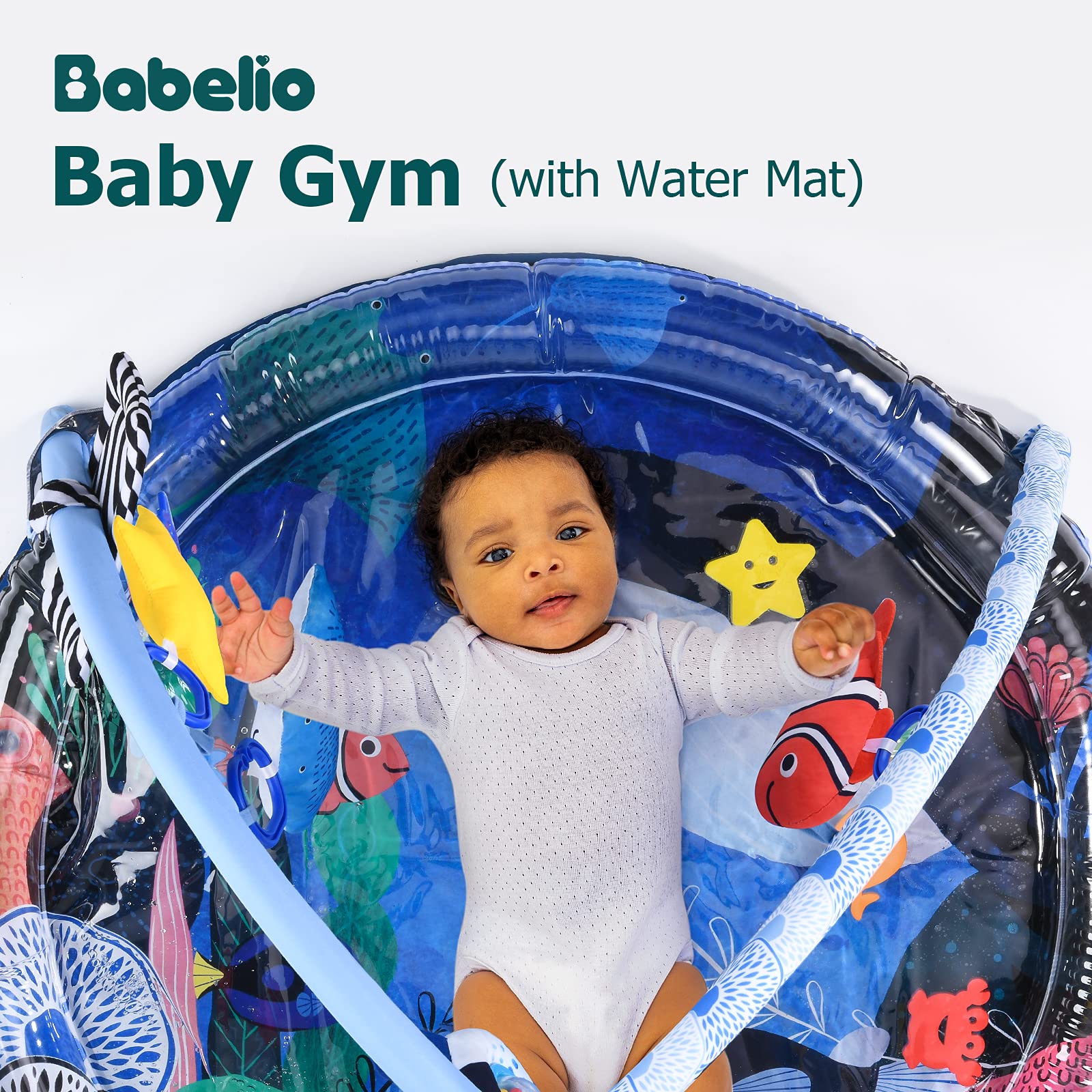 Babelio Baby Gym Mat & Tummy Time Water Mat 2 in 1, 3 Different Assembly Methods, 6 Activity Play Mat Toys, Sensory Development and Fun Experience for Infant, 33.5" x 33.5"