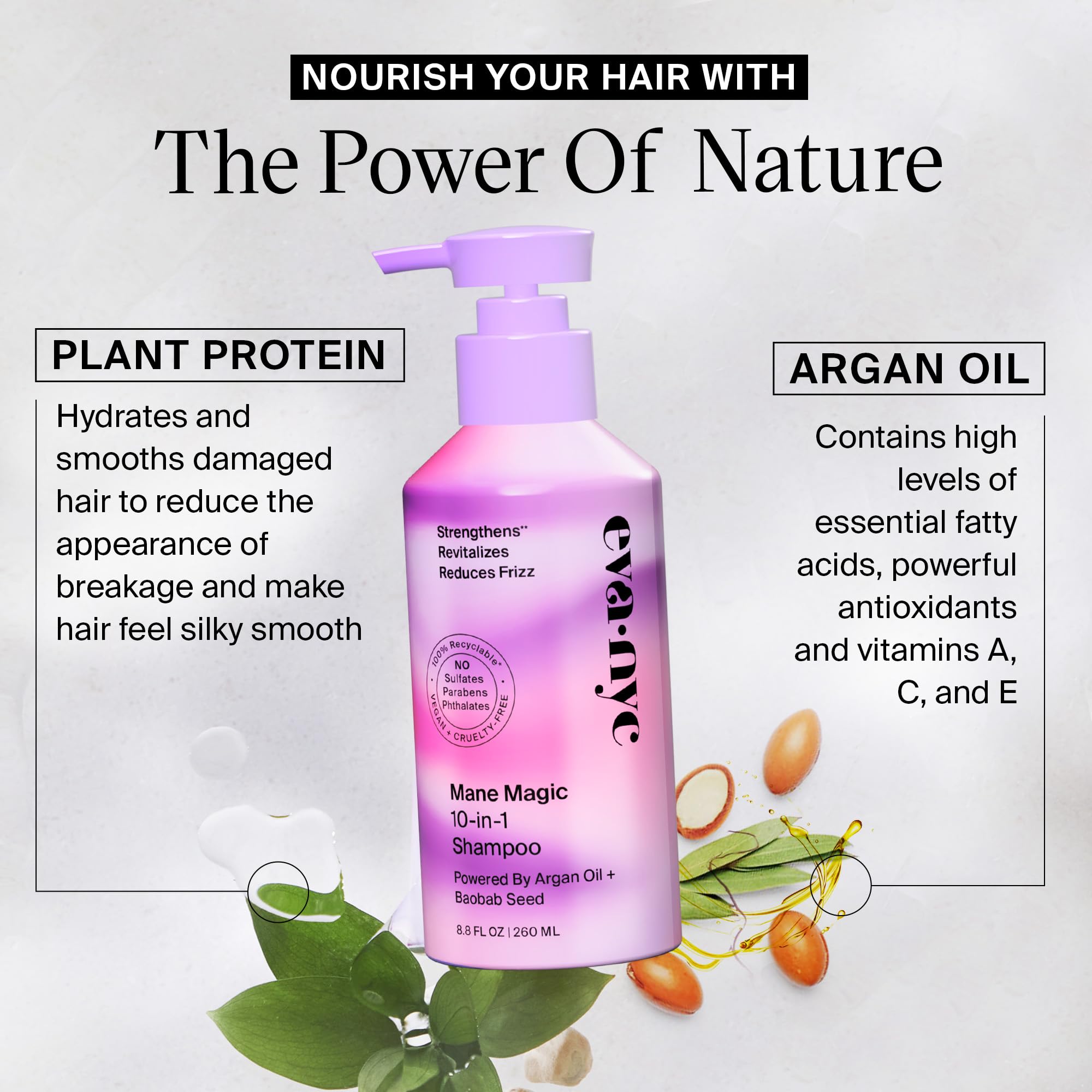 Eva NYC Mane Magic 10-in-1 Shampoo - Soft, Smooth, Strengthening and Nourishing Sulfate-Free Shampoo for Women, GMO-Free, 8.8 fl oz