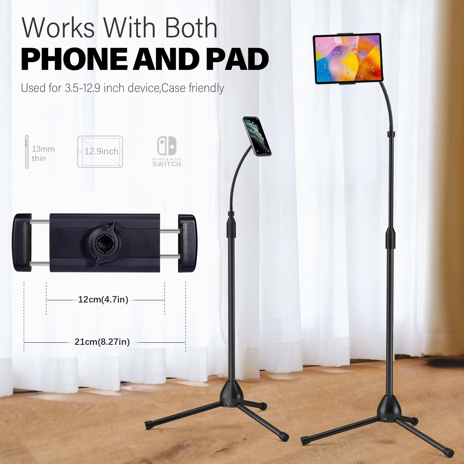 ONE TO FOUR Phone Tripod Stand, 69" Height Adjustable Gooseneck Tablet Floor Stand, Tall Stand with 360 Swivel, Extended iPad Stand Holder for All Mobile Phones, Tablet, iPhone, iPad (3.5-12.5in)