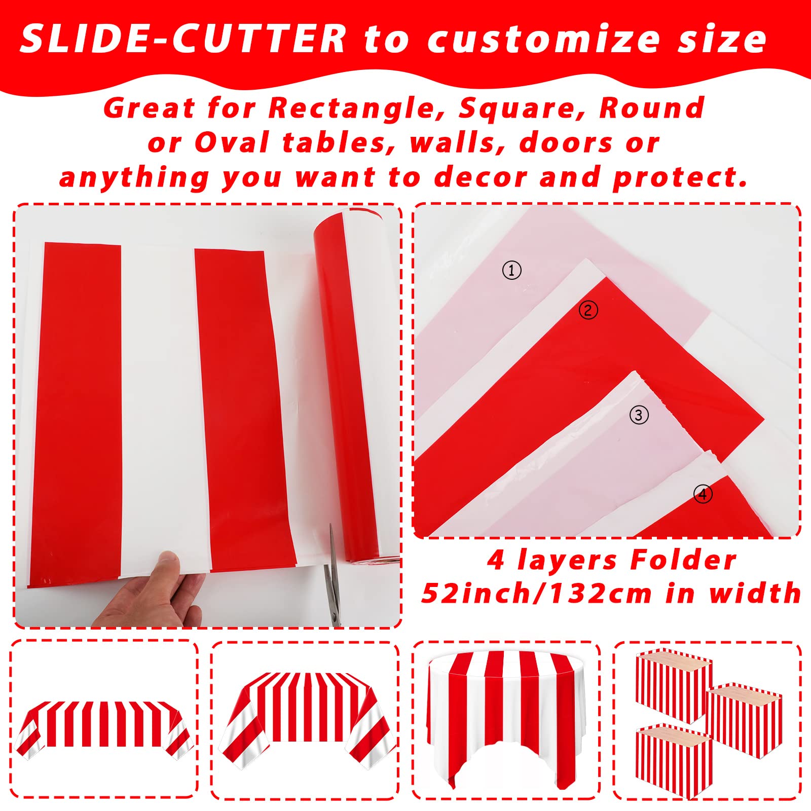 100Ft Long Tablecloth Roll Red and White Striped Tablecloth Carnival Circus Tent Party Supplies Christmas Plastic Picnic Table Cover for Birthday Halloween Party Circus Backdrop Banner Decoration