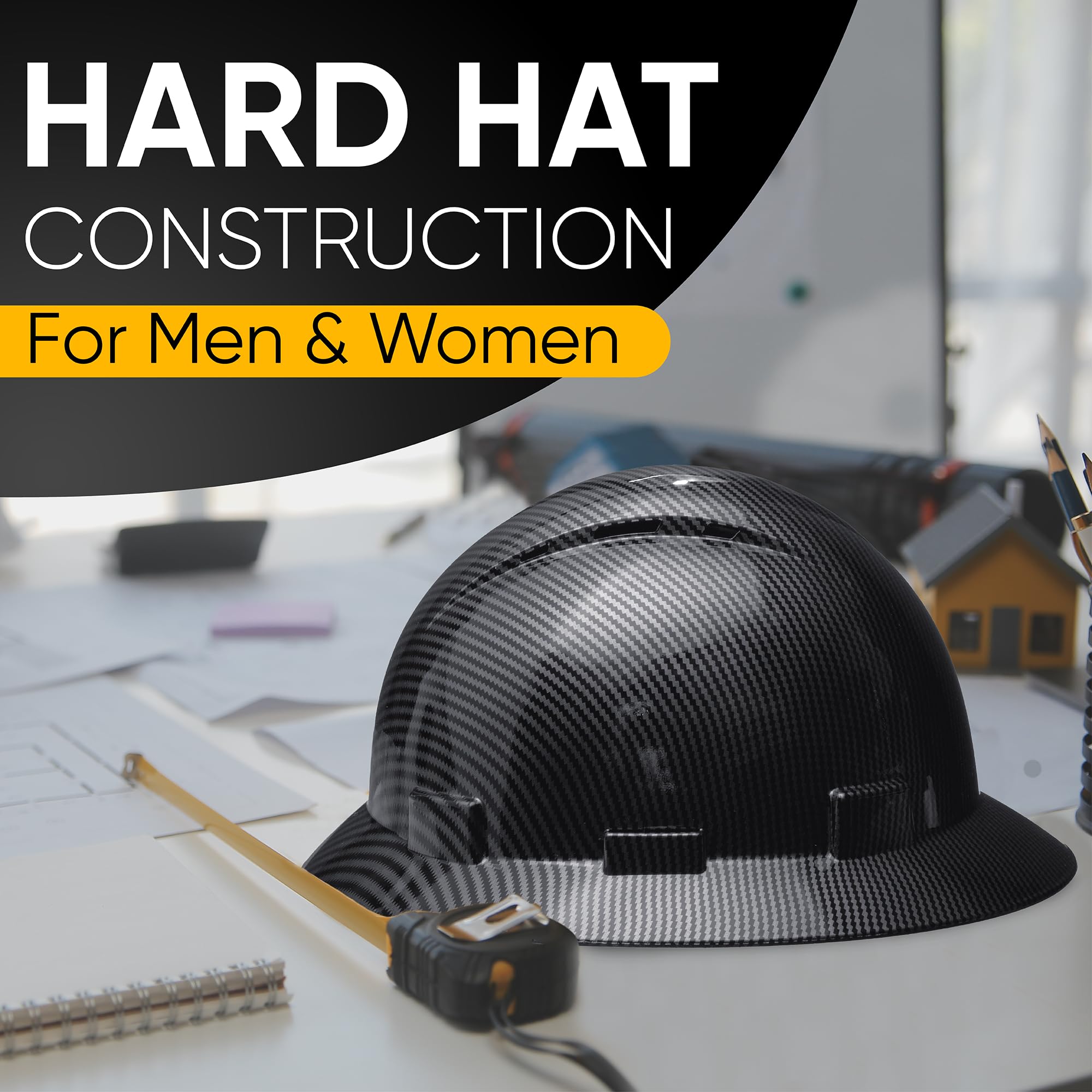 Hard Hat Construction OSHA Approved Vented Full Brim Safety Helmet Black Design Hard Hats, Cascos De Construccion Work Hardhat, 6 Point Ratcheting System | Meets ANSI Z89.1