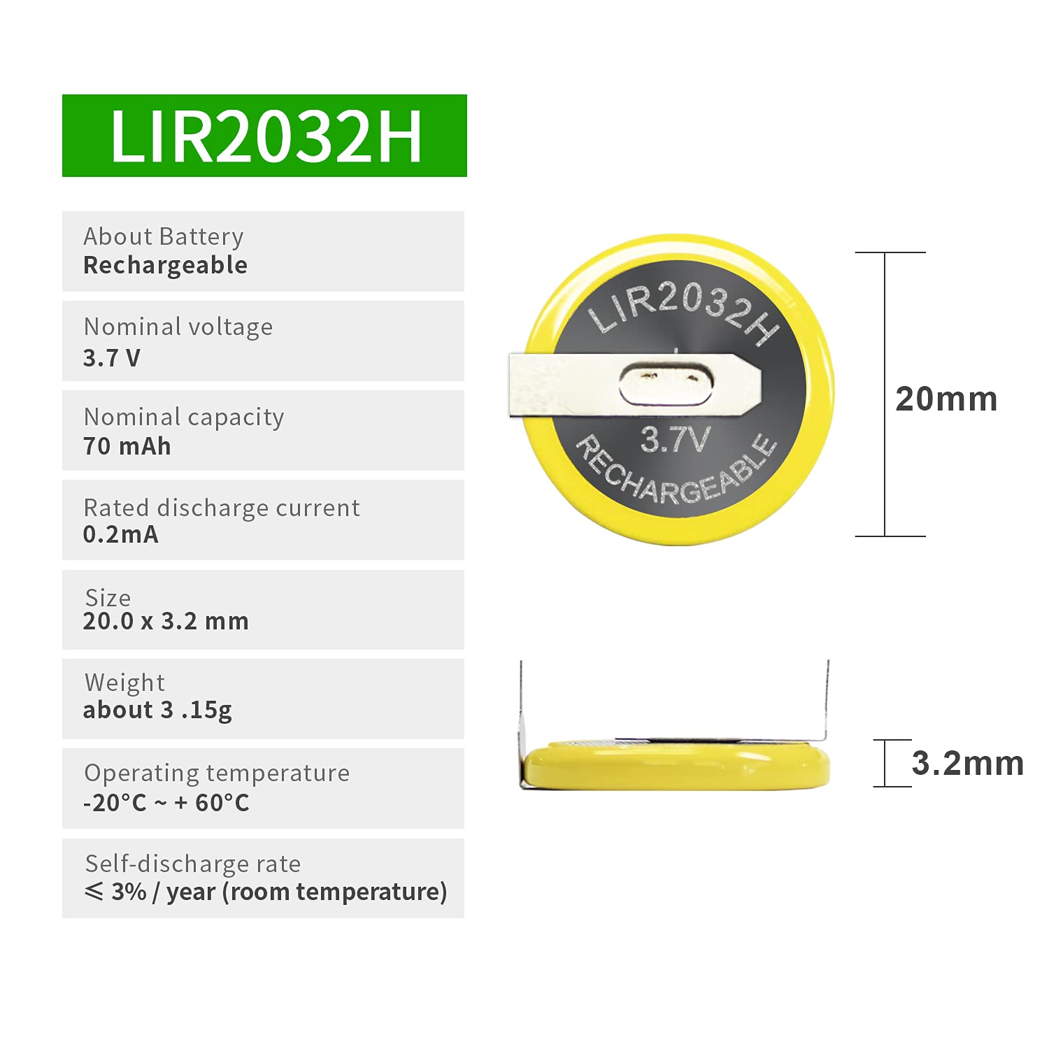 EEMB 5PCS LIR2032H Rechargeable Battery 70mah 3.7V Lithium-ion Coin Button Cell Batteries with Solder Tabs