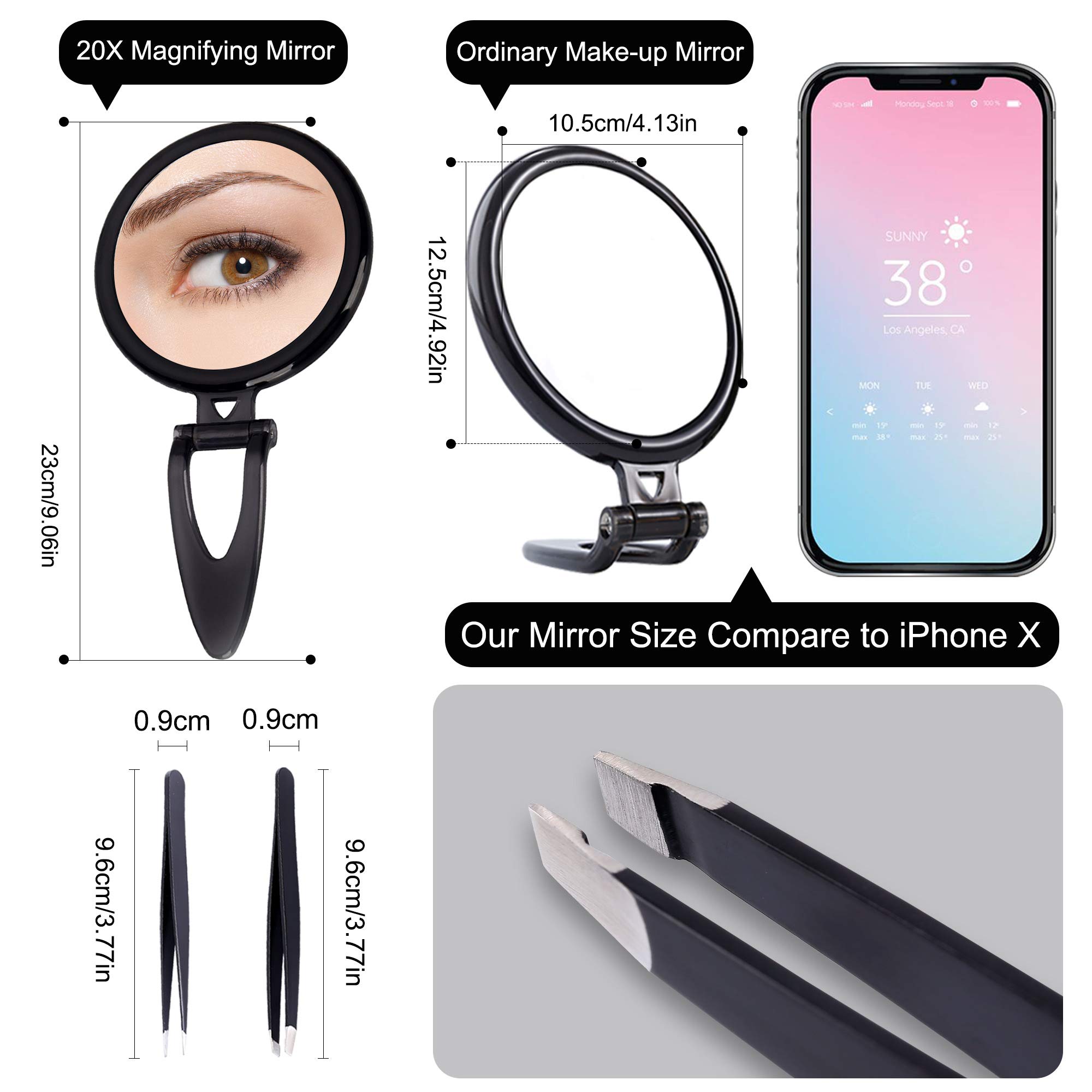 5 Inch 20X Magnifying Mirror with Blackhead Tweezer Kit, Handheld Mirror with Handle, Portable Magnified Mirror with Eyebrow Plucking Tweezers, Foldable, Double sided, Black