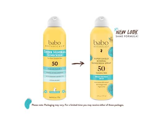 Babo Botanicals Super Shield Mineral Sunscreen Spray SPF 50 - Natural Zinc Oxide & Titanium Dioxide - Extra Sensitive Skin - Water Resistant - Vegan - Fragrance-Free - Air-Powered Spray - For all ages