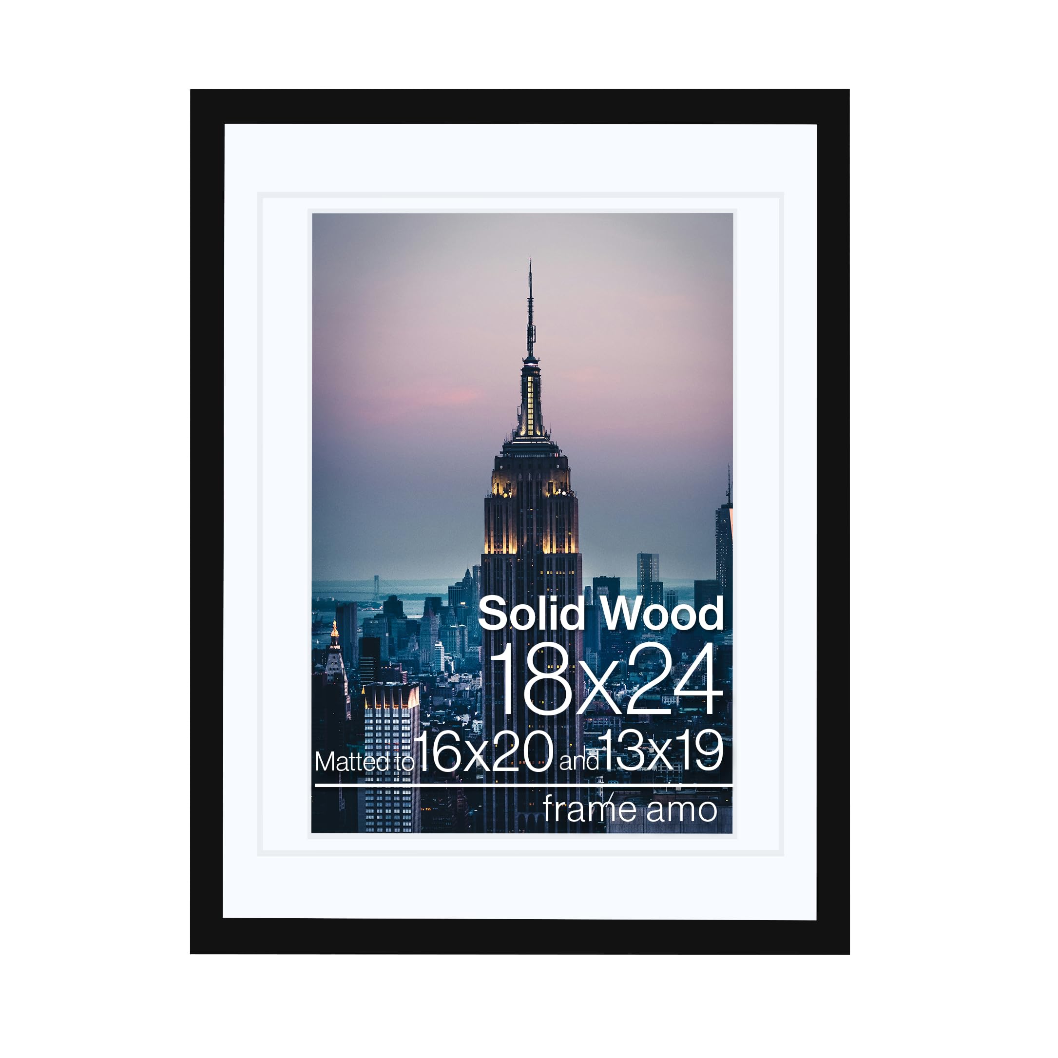 Frame Amo 18x24 Black Solid Wood Poster Frame, White Multi Mat for 13x19 and 16x20 Image, 1 inch Wide, Acrylic Front