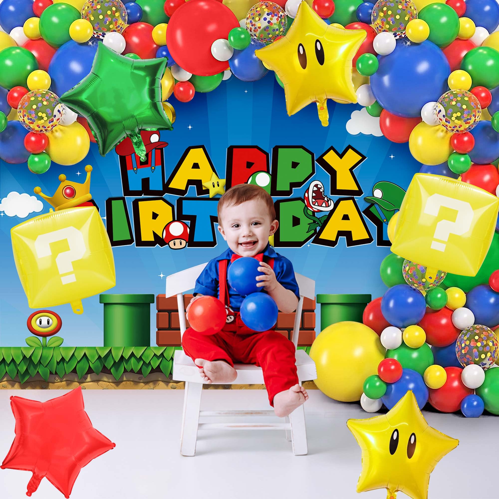 122pc Game Birthday Party Supplies Super Bros Birthday Decorations Party Decorations Include Backdrop, Latex Balloons, Foil Balloons for Boys Girls Game Theme Party