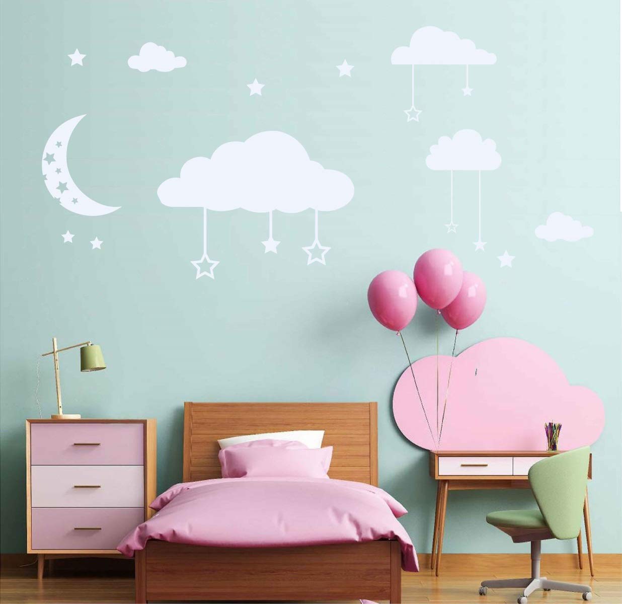 Clouds Moon and Stars Vinyl Wall Stickers Home Decor for Kids Room Baby Nursery Decals Mural AD05 (White)