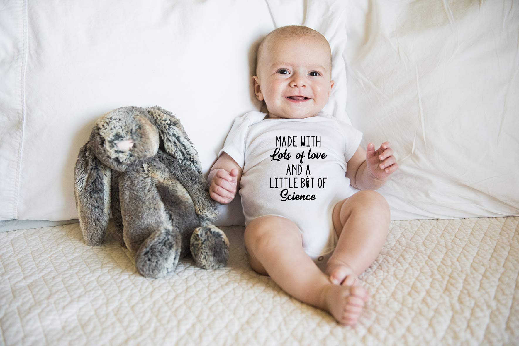 Made With Lots Of Love And A Little Bit Of Science - Funny Baby Essentials Bodysuit Romper (Newborn, White)