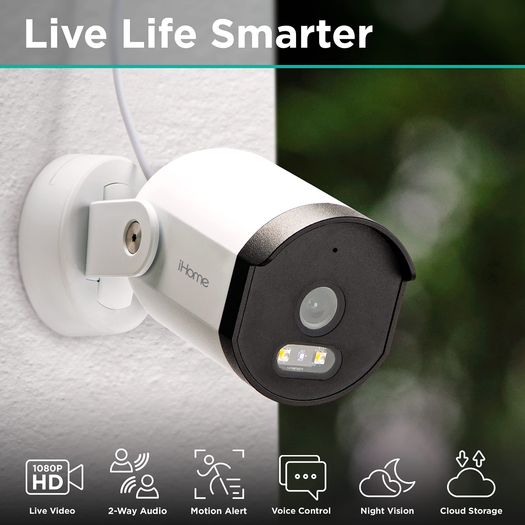 iHome Insight Smart Outdoor WiFi Security Camera, 1080p HD IP65 Weatherproof Camera with 2-Way Audio, Night Vision, and Motion Alerts, Compatible with Alexa and Google Home, 2 Pack