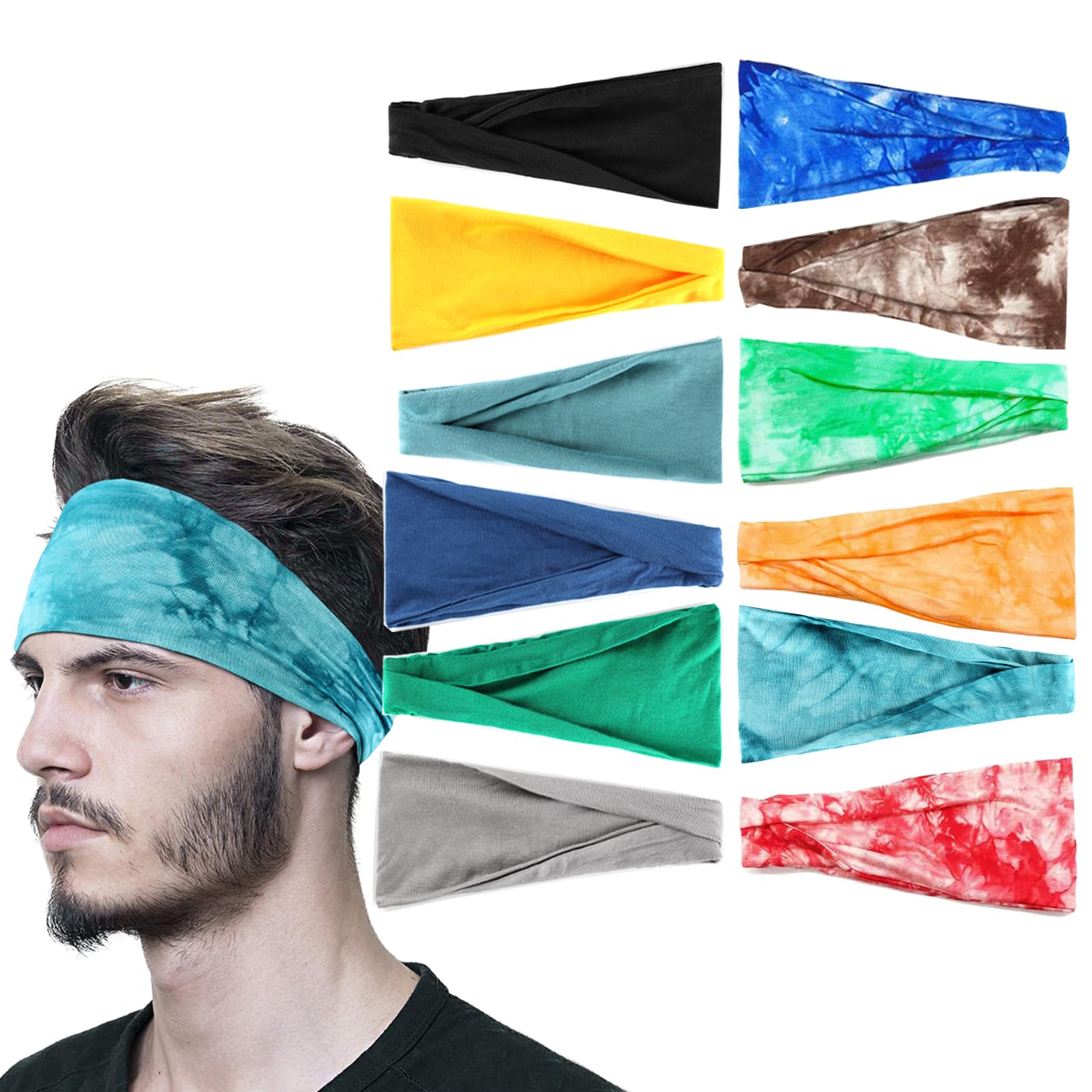 12 Pack Sports Headbands for Men, OFFTESTY Lightweight Mens Hairband Stretchy Moisture Wicking Workout Sweatbands