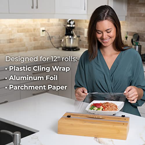 2 in 1 Foil and Plastic Wrap Dispenser with Cutter - Tin Foil Organizer for Drawer - Aluminum Foil Dispenser with Cutter - Plastic, Kitchen Wrap Organizer - Chic Saran Wrap Dispenser with Cutter