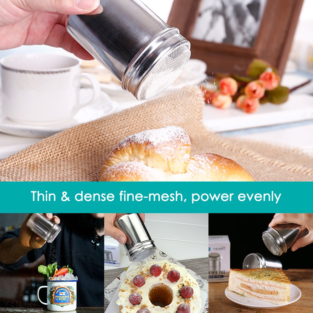2 Stainless Steel Powder Shakers, SENHAI Mesh Shaker Powder Cans for Coffee Cocoa Cinnamon Powder with Lid, with 16 pcs Printing Molds Stencils