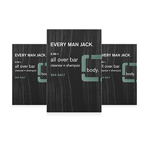 Every Man Jack Sea Salt 2-in-1 Mens Bar Soap - Wash and Shampoo for All Skin and Hair Types - Ultra Hydrating Made with Natural Ingredients like Shea Butter, Aloe Vera, Glycerin - 6oz