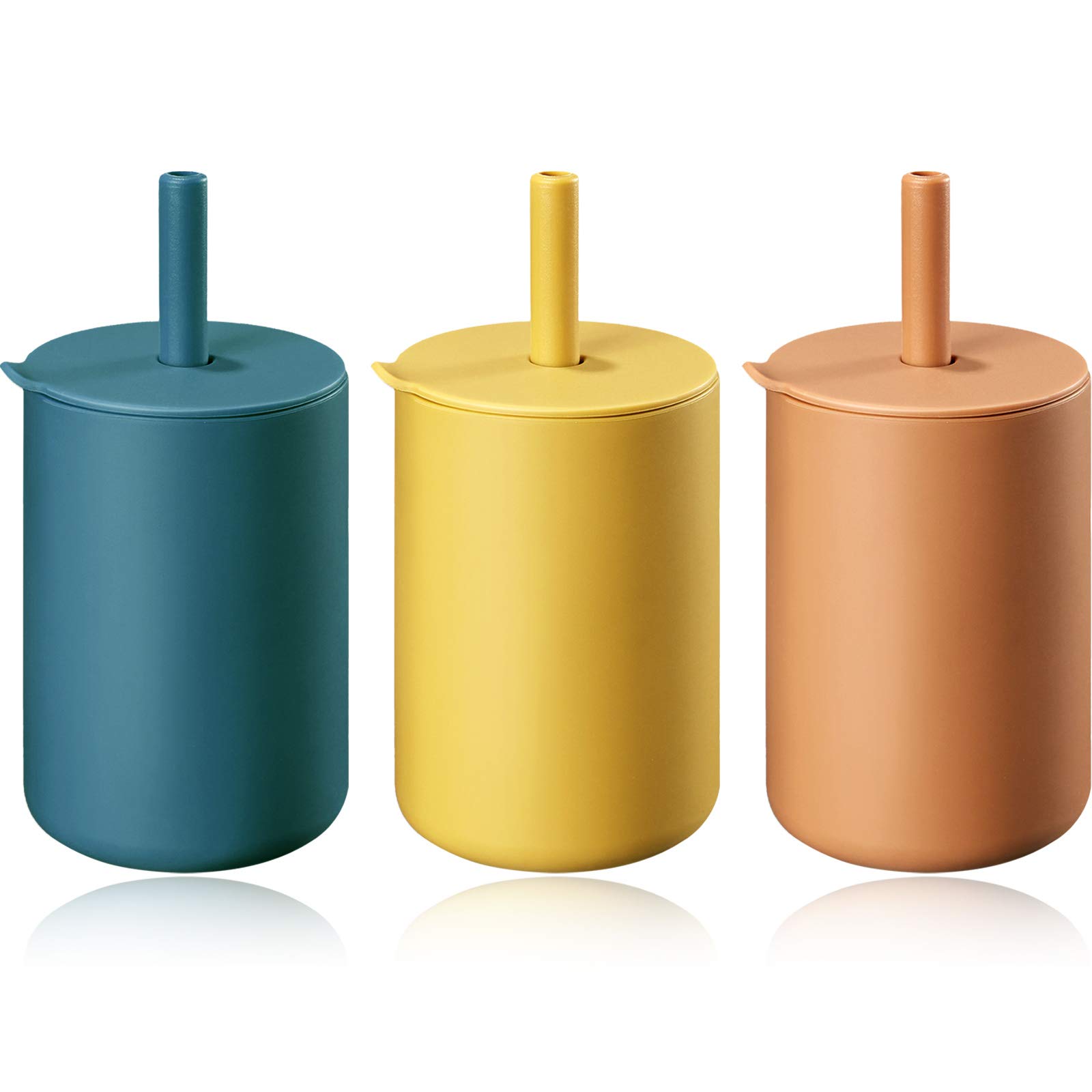 Geiserailie Mini Baby Silicone Cups with Straw Reliable Lid Sippy Cup Reliable 6 oz Unbreakable Training Cup for Toddler (Yellow, Blue, Brown,3 Pieces)