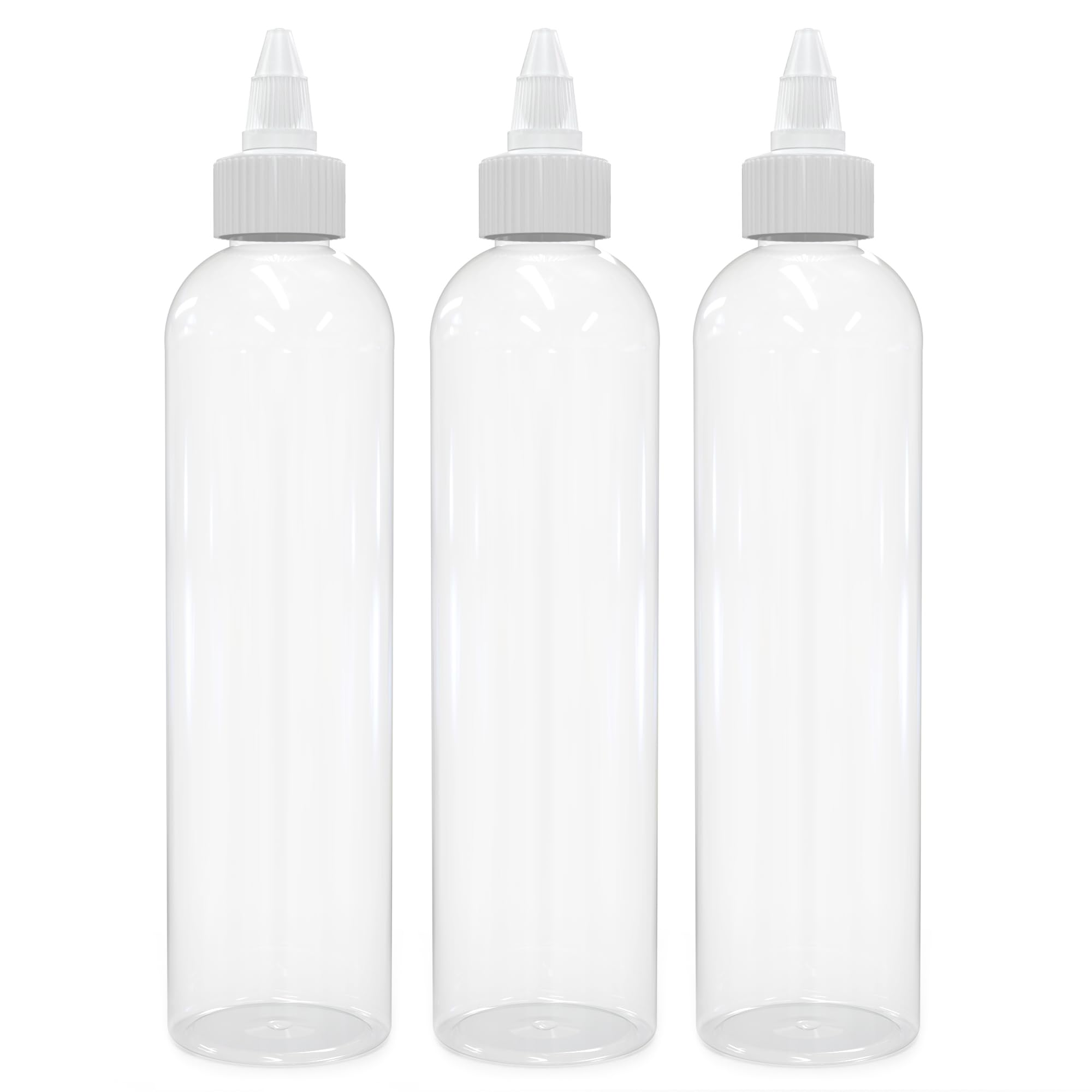 BRIGHTFROM Twist Top Applicator Bottles, 8 OZ Crystal Clear, Squeeze Empty Plastic Bottles, BPA-Free, PET, Refillable, Open/Close Nozzle - Multi Purpose (Pack of 3)
