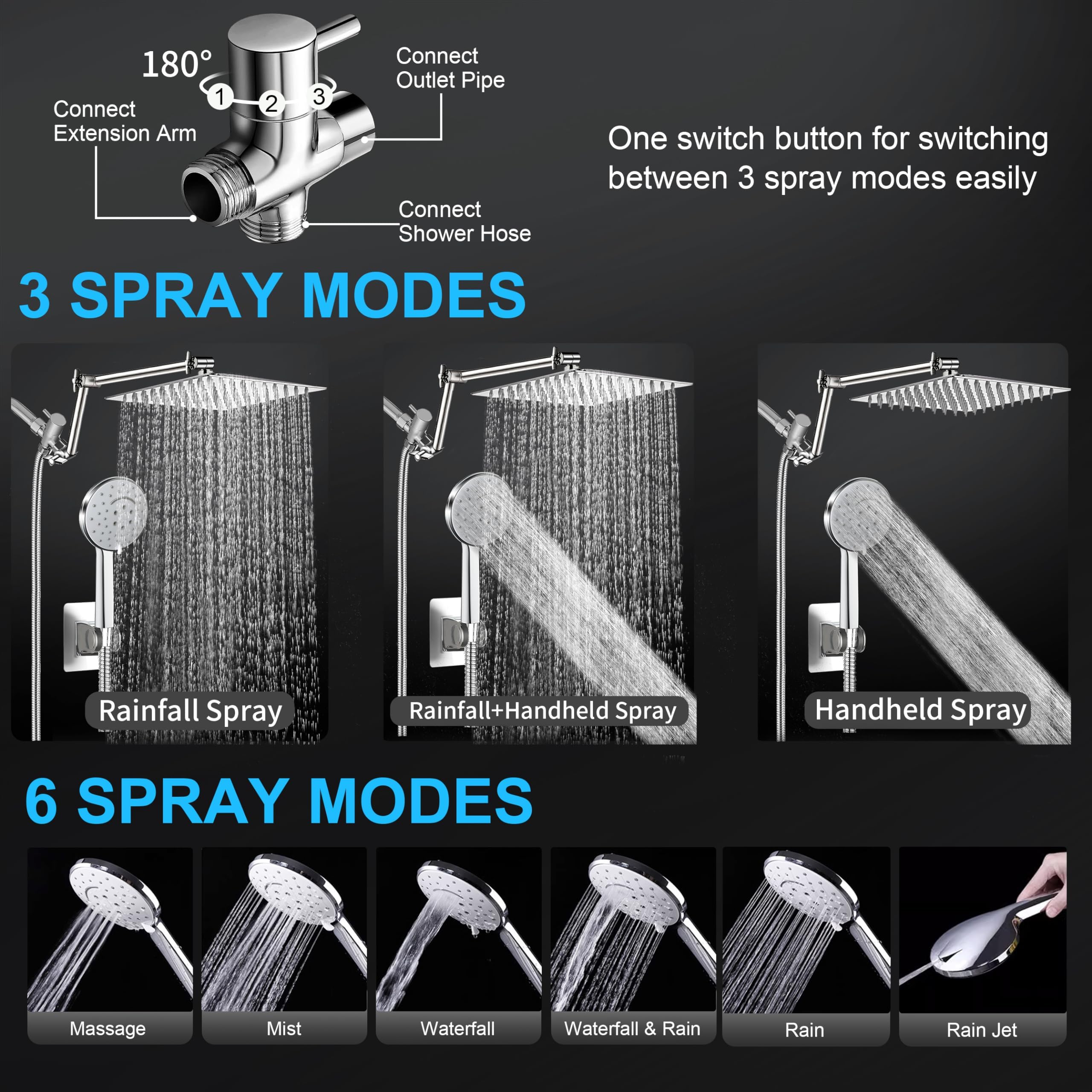 12 Inch Rainfall Shower Head with Handheld Combo, THE FIRST WATERFALL handheld mode Rain Shower Head, Fullbody Showerhead with 15 Inch Adjustable Extension Arm, 6 Setting Spray Modes， Stainless Steel