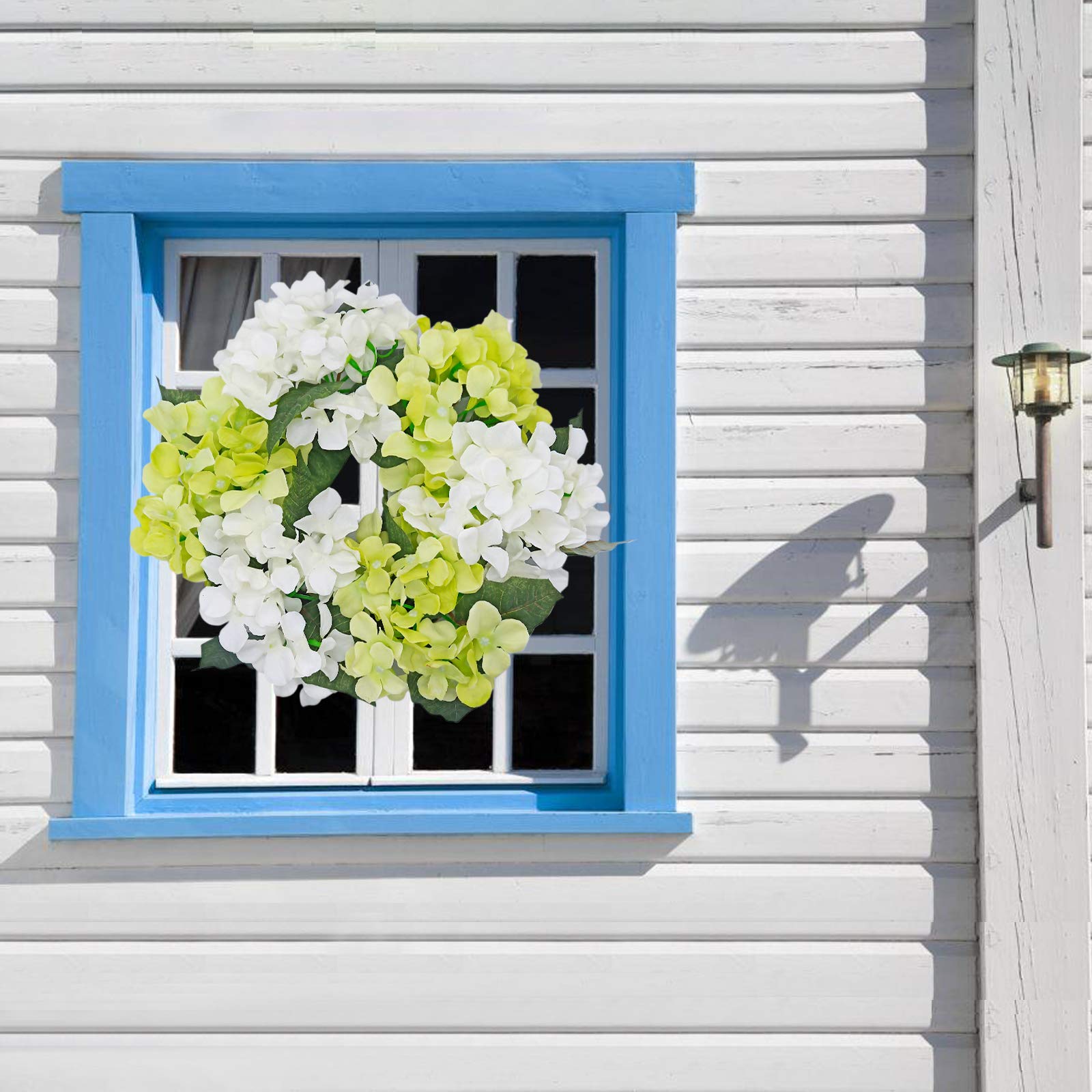 14'' Flower Wreath Small Hydrangea & Green Leaves Wreath with Real Grapevine for Front Door Windows Porch Home Window Wall Garden Decor