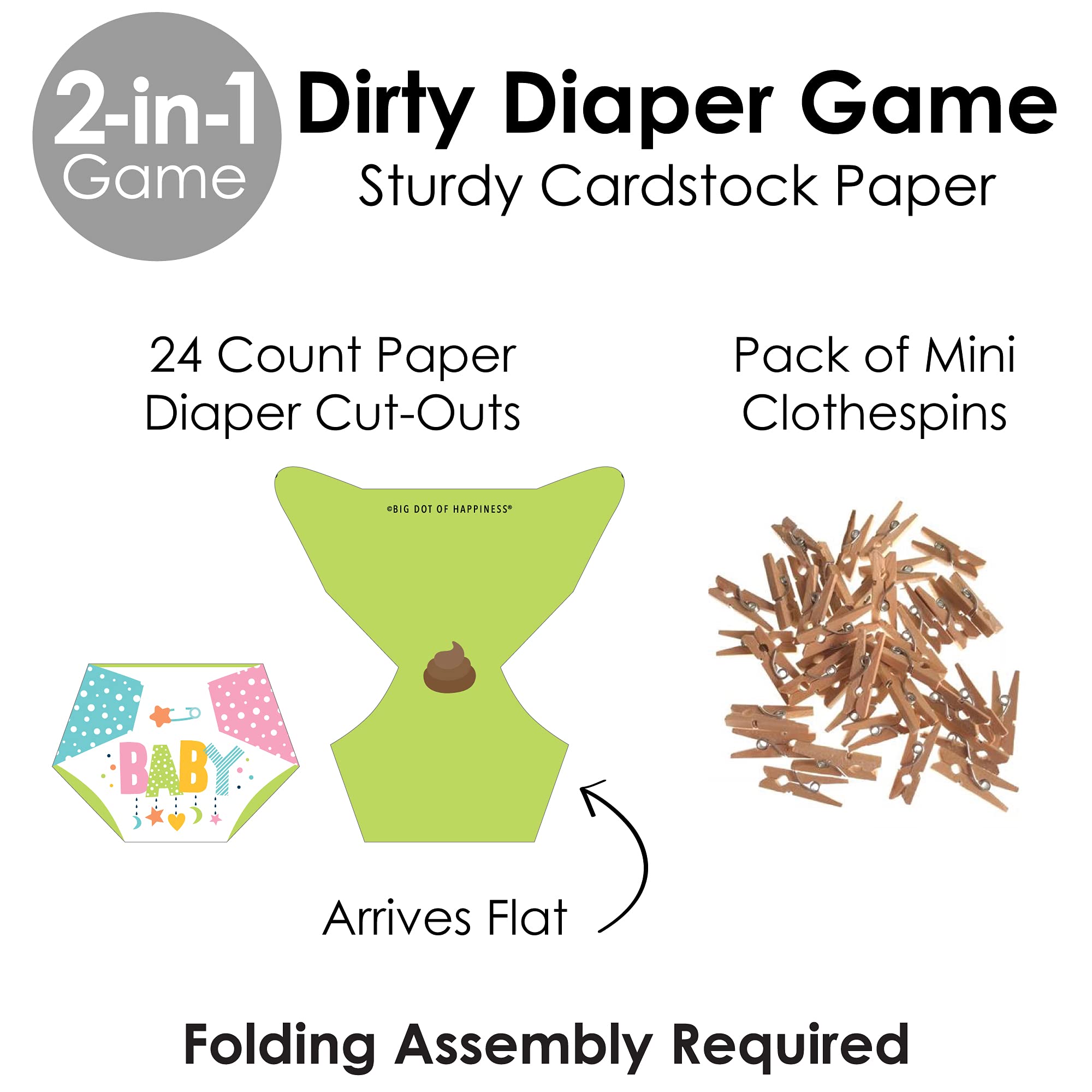 Big Dot of Happiness Colorful Baby Shower - Baby Shower Conversation Starter - 2-in-1 Dirty Diaper Game - Set of 24