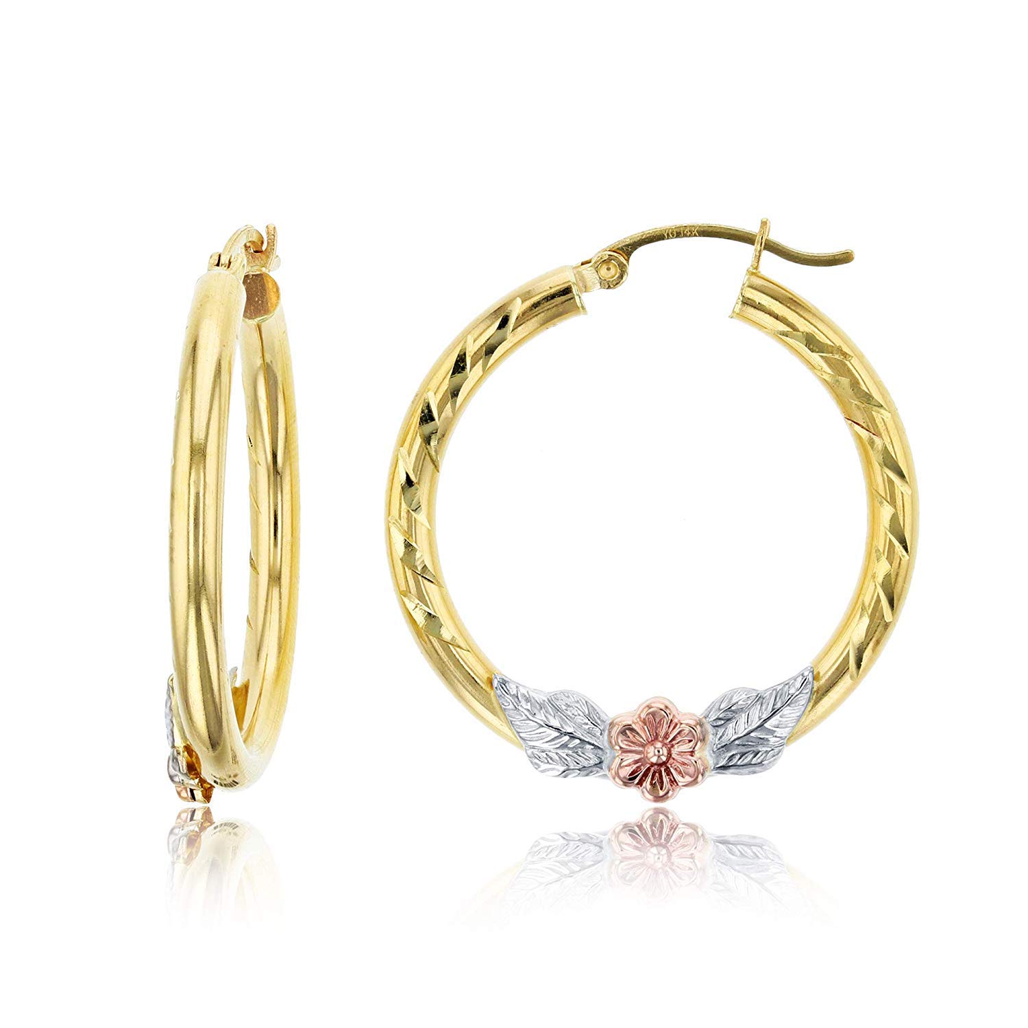 14K Tricolor Diamond Cut Gold Flower Hoop Earrings | 3x30mm Hoop | Earrings For Sensitive Ears | Tricolor Hoops | Small Hoop Earrings | Solid Gold Earrings For Women