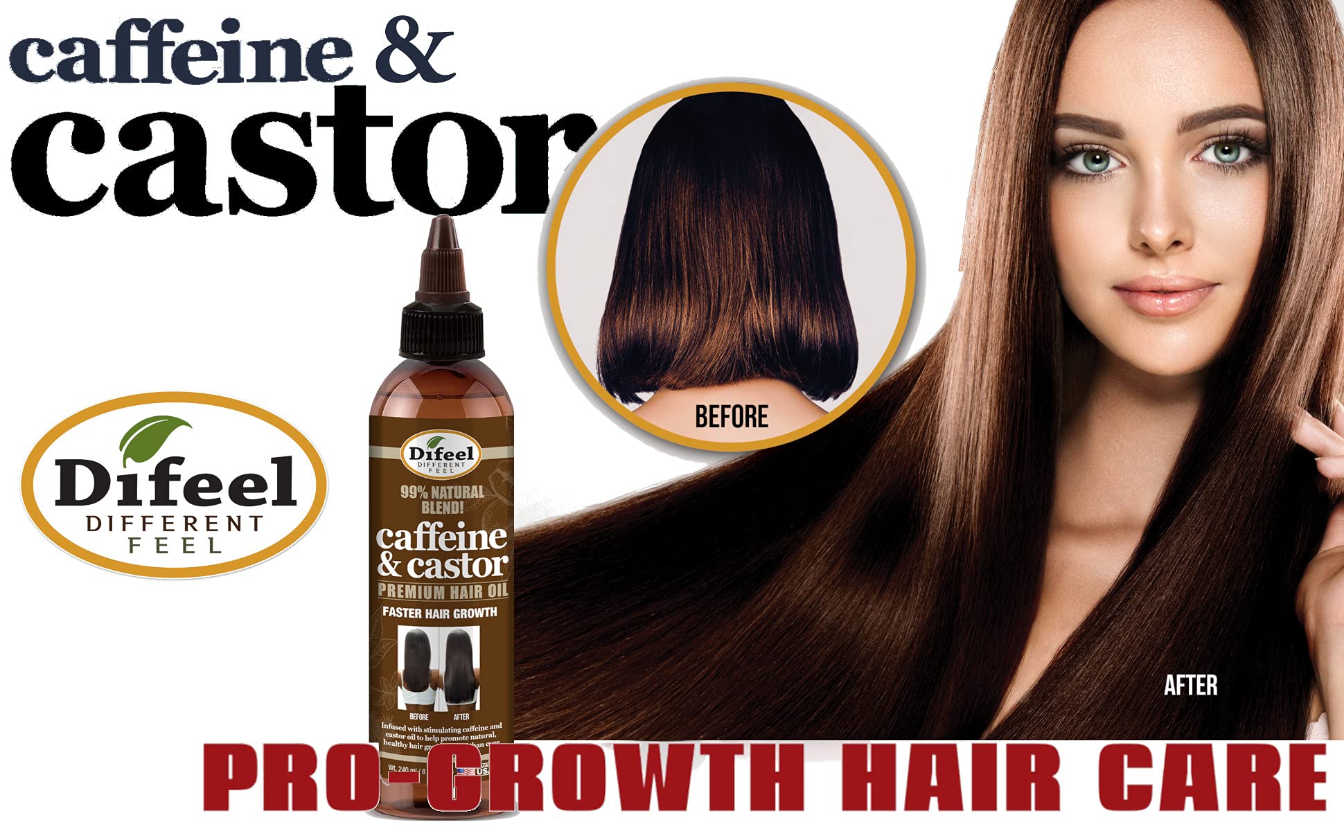 Difeel 99% Natural Premium Hair Oil - Caffeine & Castor Fastest Hair Growth, 8 oz.