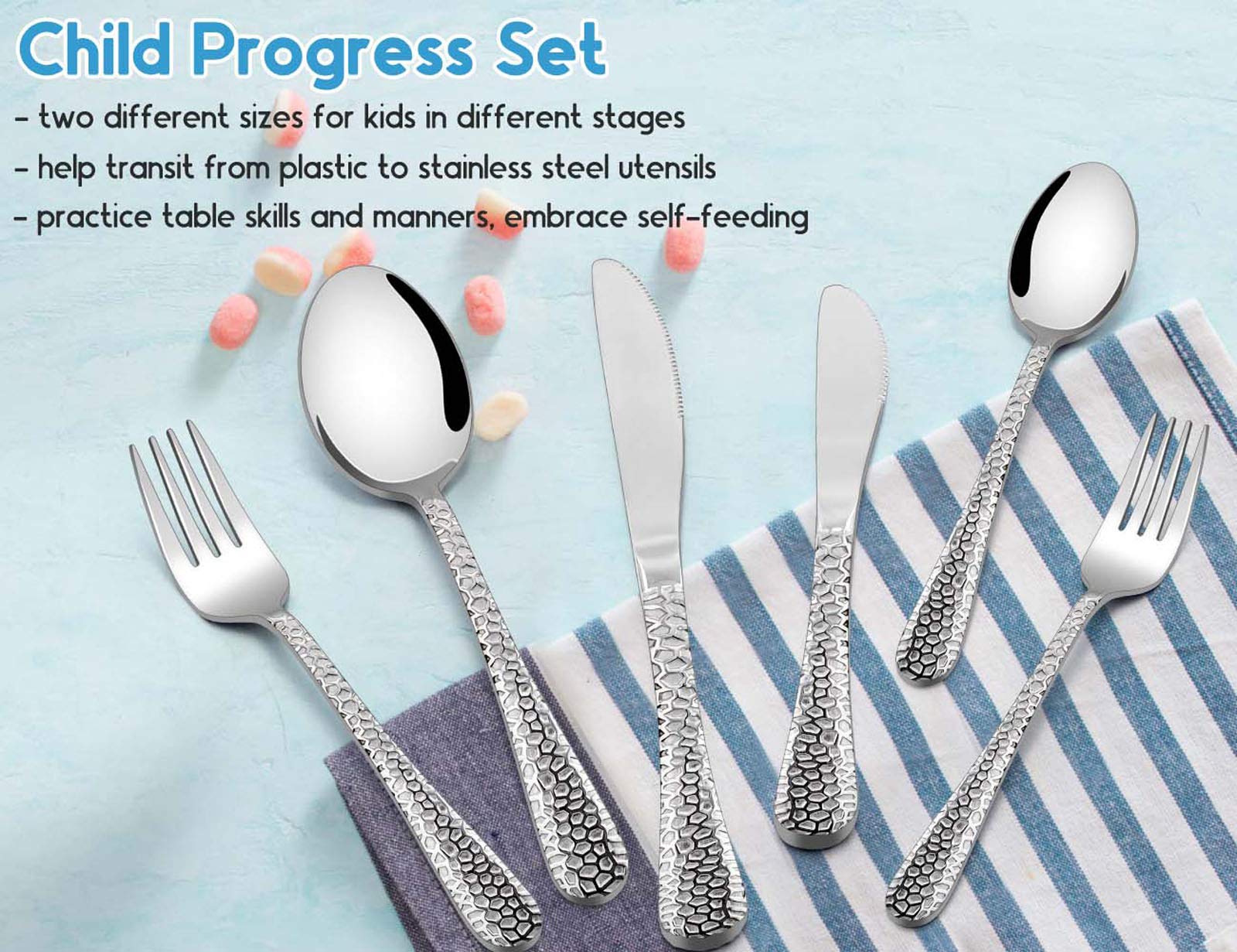 12 Piece Kids Utensils Silverware Set, E-far Stainless Steel Hammered Toddler Cutlery Child Flatware Progress Set, Small Adult Diet Tableware Include Fork Spoon Knife, Mirror Finished, Dishwasher Safe