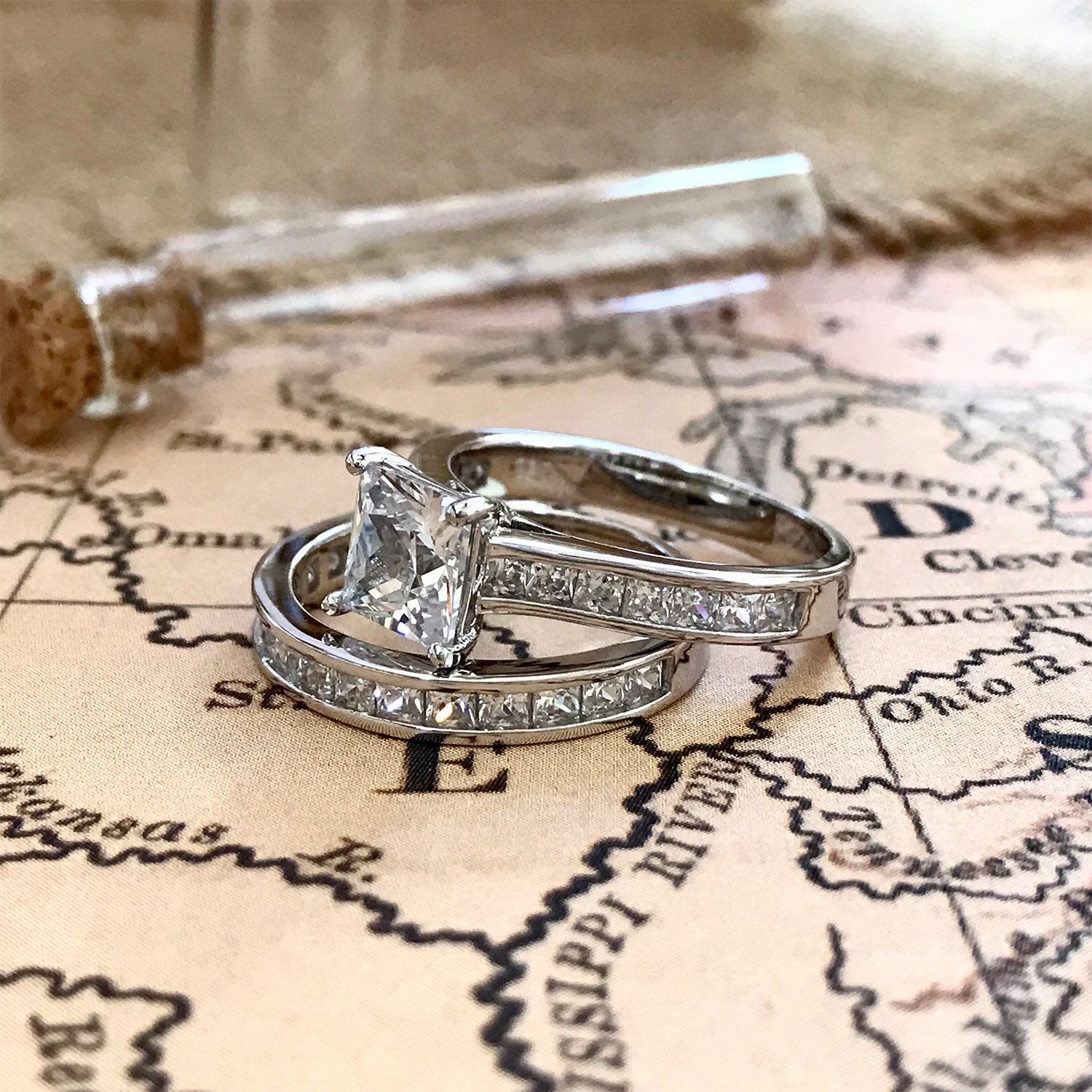 1.5 Carats Sterling Silver Cubic Zirconia Bridal Set Engagement Wedding Ring Bands Princess Cut