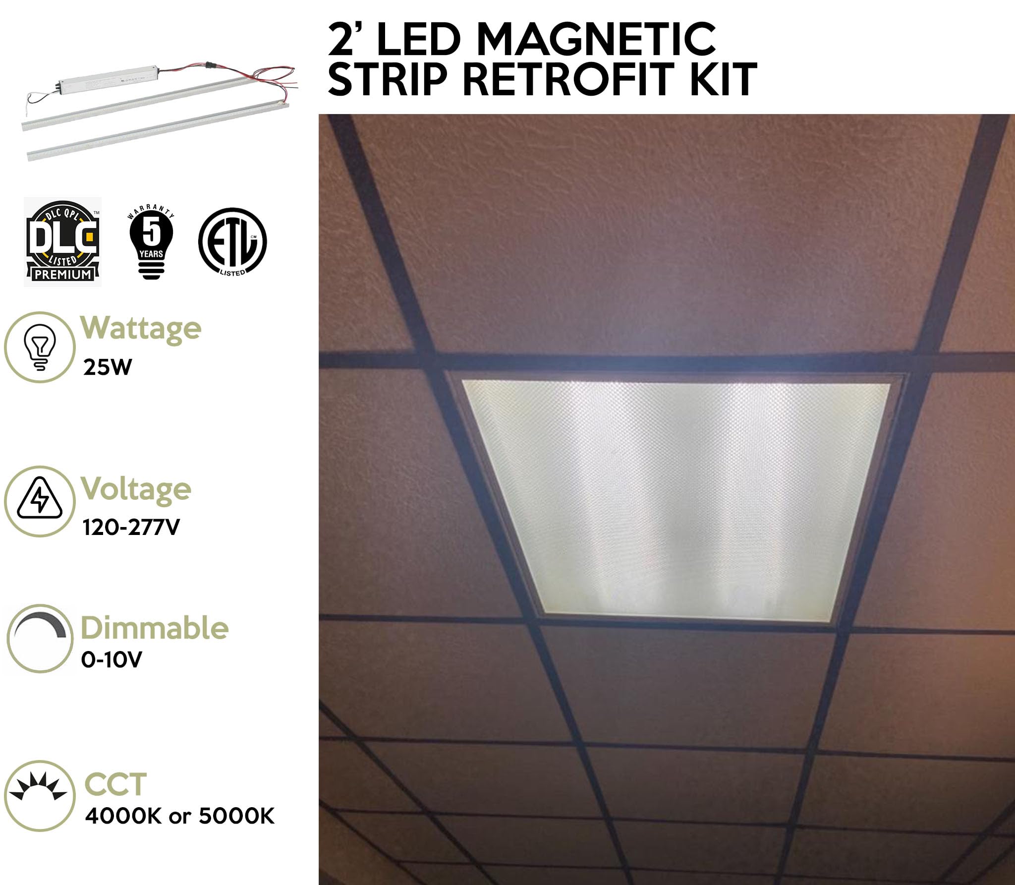 WareLight LED Magnetic Strip Retrofit Kit for Linear Ceiling Fixtures - 25 Watt, 4000K Lighting, 2 Foot, 2 Strips