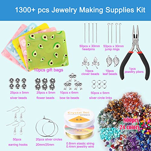 1250+ Pcs Crystal Beads for Jewellery Making 24 Colors Irregular Gemstone Chip Beads for Necklace Bracelet Ring Earring DIY Crystal Jewellery Making Kit