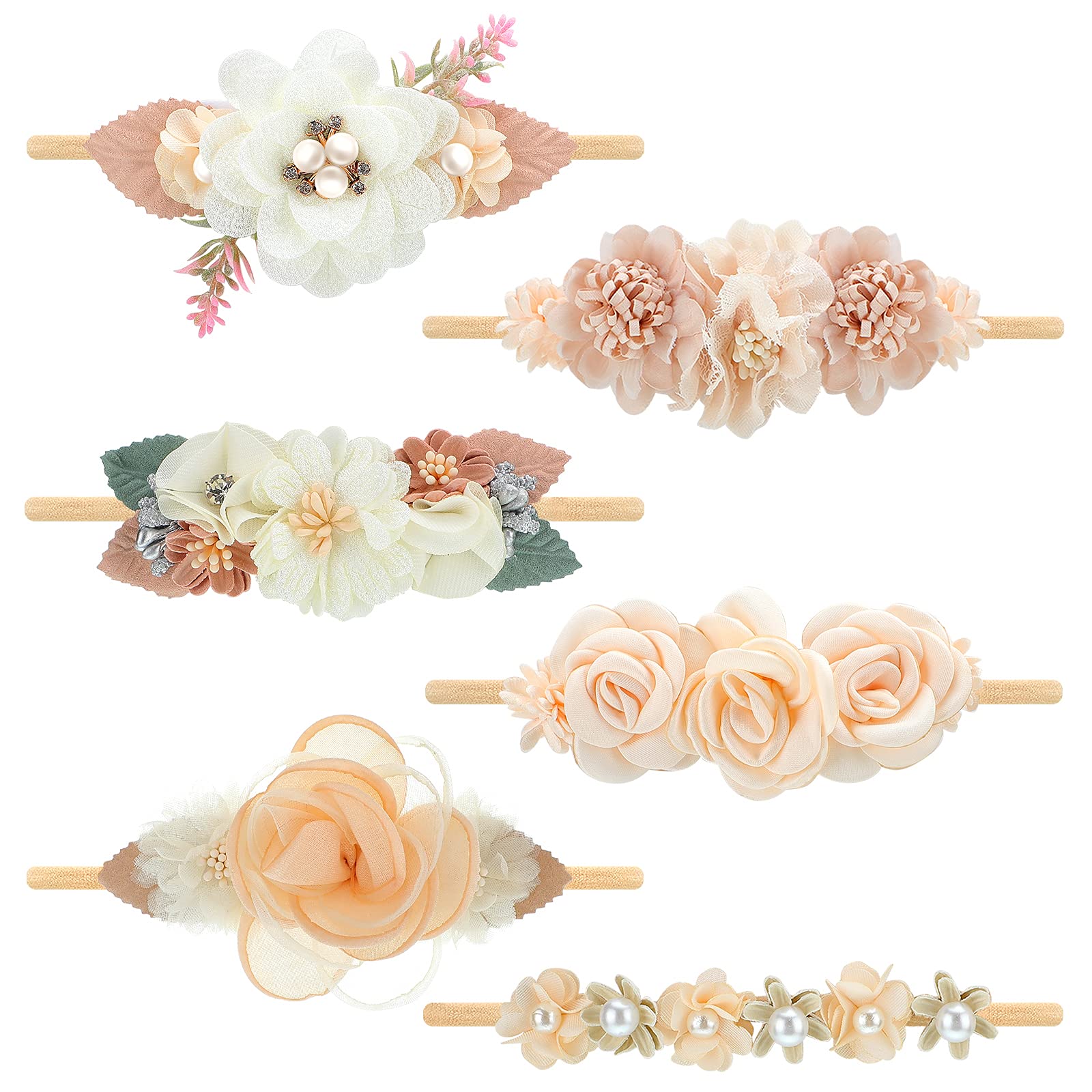 Jutom 6 Pcs Baby Girl Flower Headbands Nylon Floral Crown Elastic Hairband Elastic Baby Headbands Hair Band Handmade Bow for Newborn Photography Prop Infant Toddler Hair Accessories