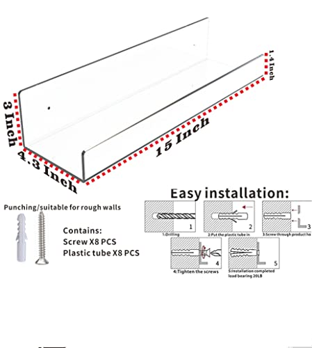 4 Pack Clear Acrylic Floating Wall Ledge Shelf for,15'' Invisible Mounted Nursery Kids Bookshelf for Room,Modern Funko Pop Display Shelves Toy Storage (Pack of 4)