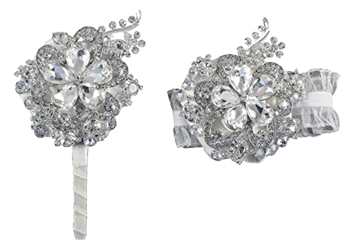 2 Pack Corsage Wristlet Luxury Dazzle Crystal Diamond Boutonniere Set Wrist*1 for bride and Corsage*1 for groom on Wedding Party