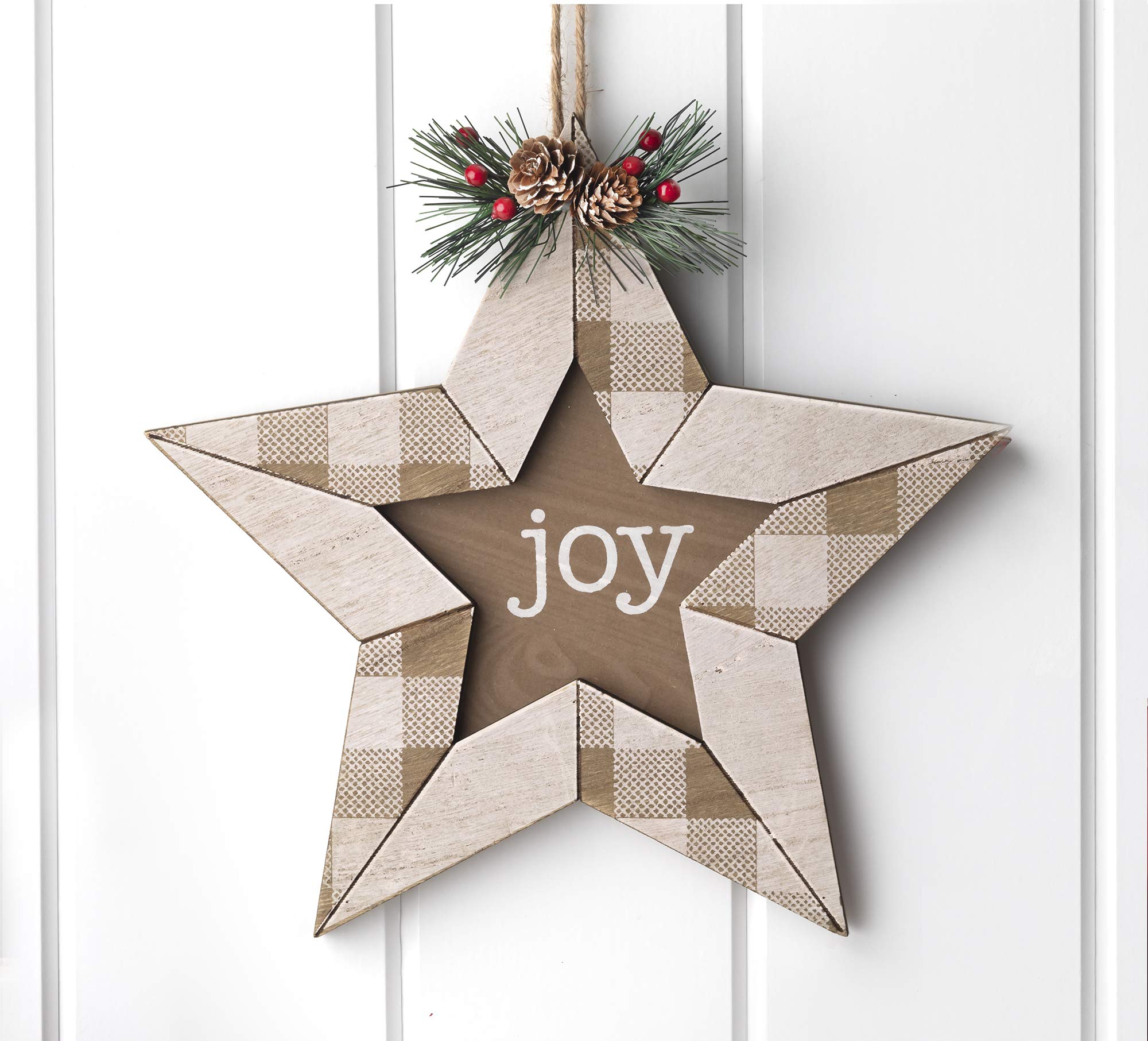 12 Inch Wood Hygge Christmas Decoration Hanging Star Sign Wall Art with Words (Joy)