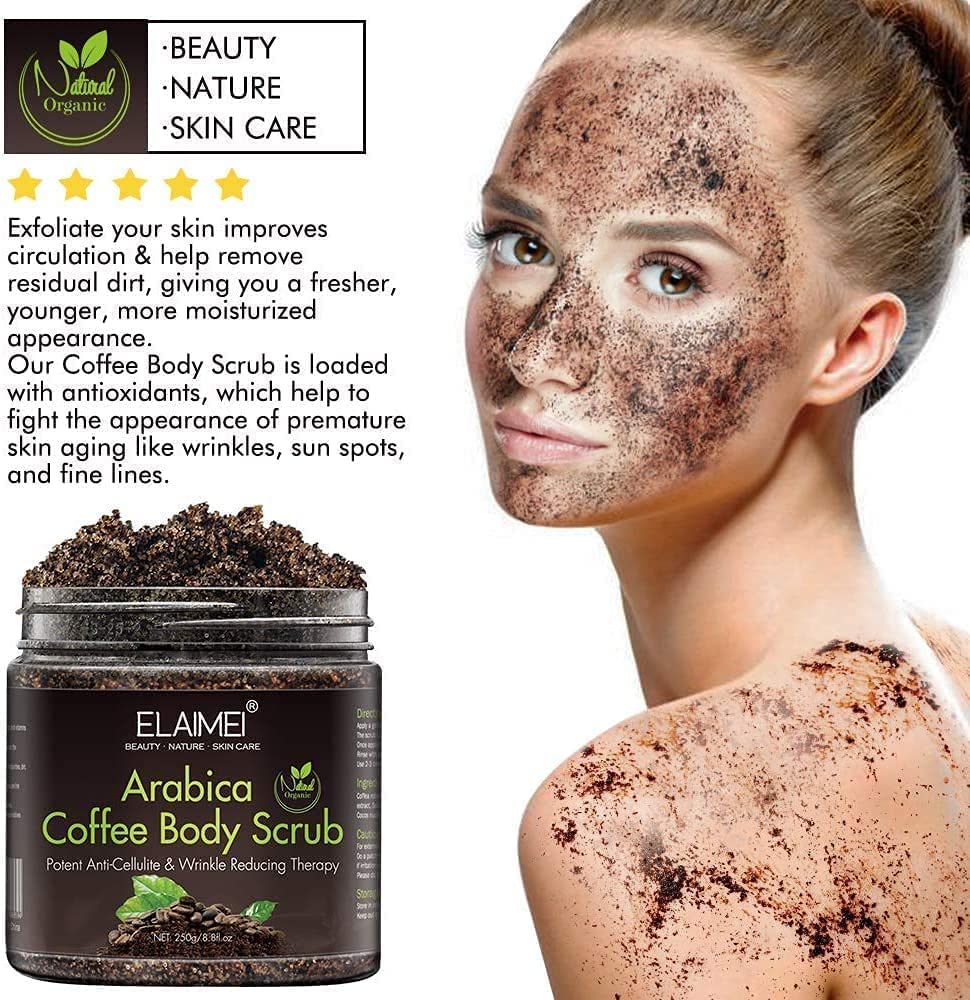 Natural Coffee Scrub with Organic Coffee Exfoliating Body Scrub, Best Acne, Anti Cellulite and Stretch Mark treatment, Spider Vein Therapy for Varicose Veins & Eczema