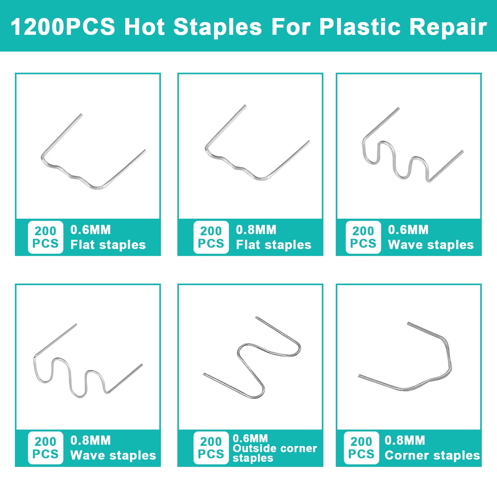 1200PCS Hot Staples 6 Types Plastic Welder Staples with Storage Box,0.6 0.8mm Hot Stapler Staples for Plastic Repair Welder Car Bumpers Dashboards Lamp Holders Kayak DIY Daily Plastics Supplies