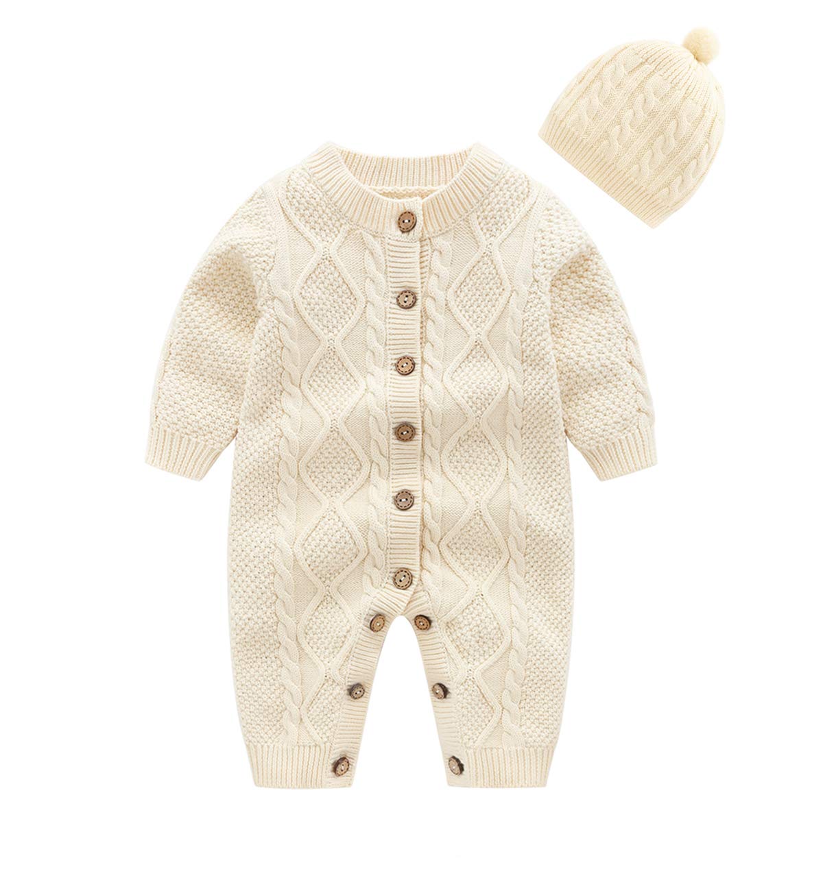 JunNeng Baby Newborn Cotton Knitted Sweater Romper Longsleeve Outfit with Warm Hat Set,Beige,3-6 Months