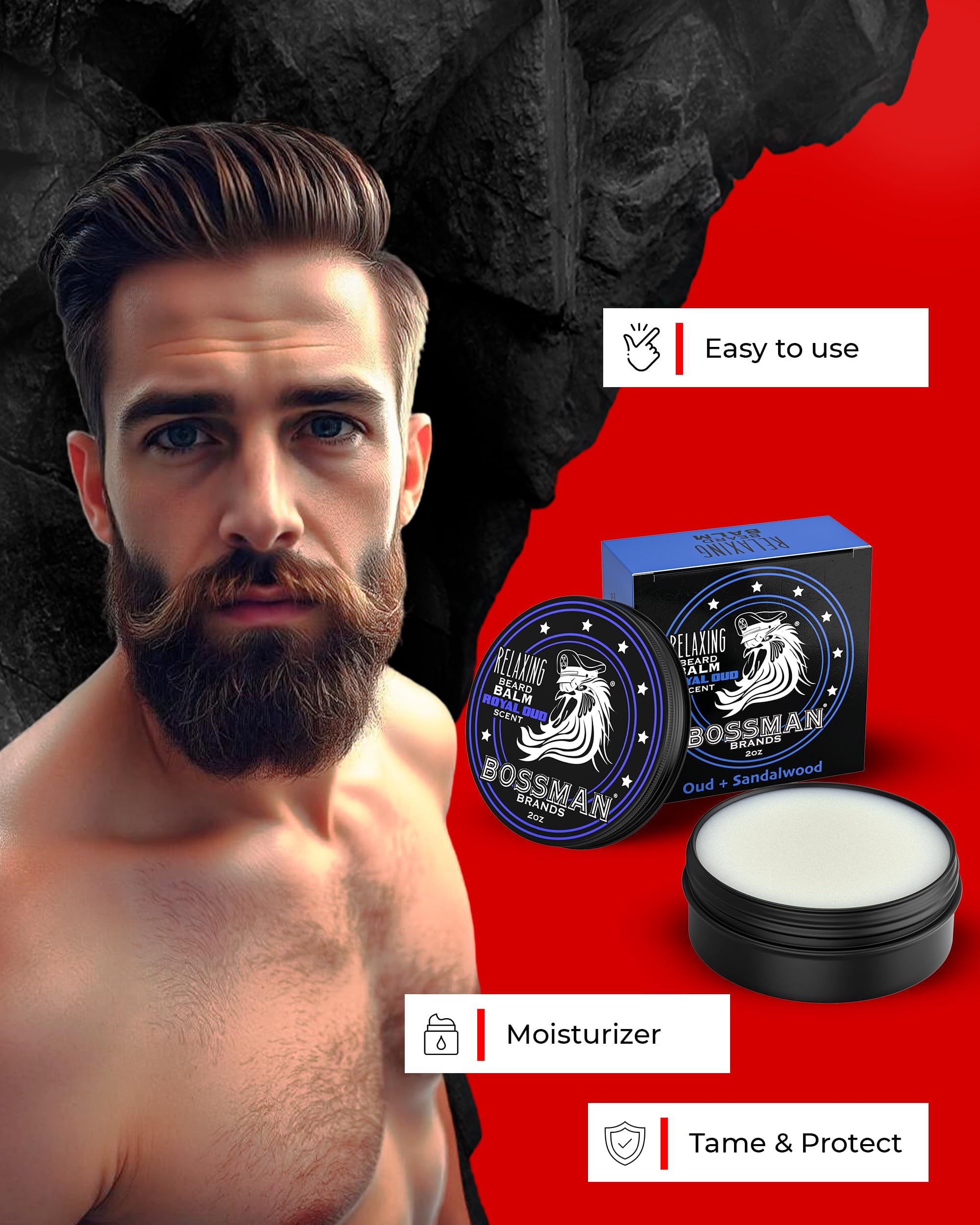 Bossman Relaxing Beard Balm - Beard Tamer, Relaxer, Thickener and Softener Cream - Beard Care Product - Made in USA (Royal Oud Scent)