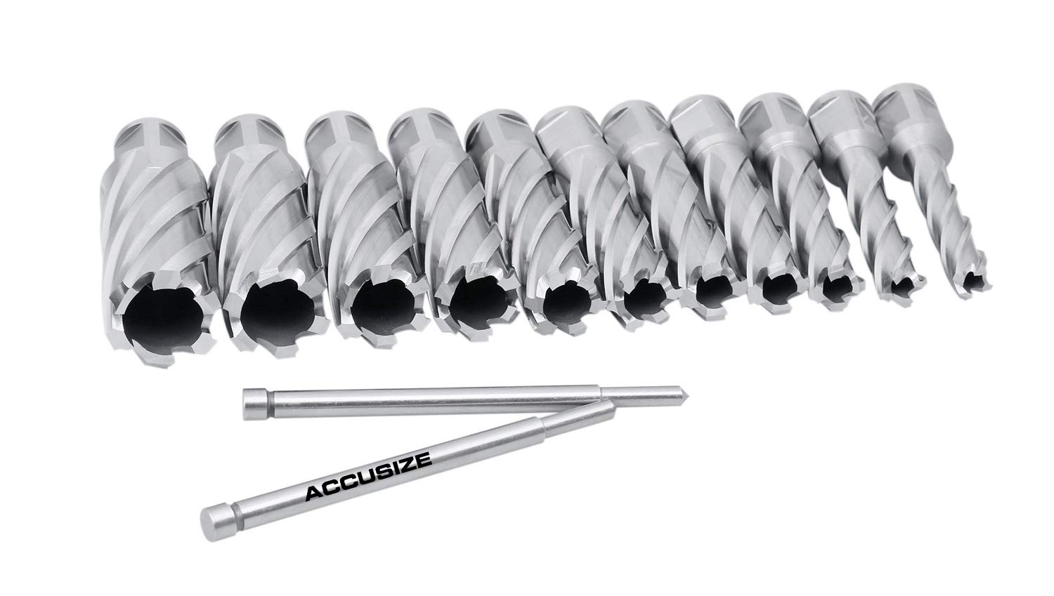 Accusize Industrial Tools 13 Pcs/Set 7/16'' to 1-1/16'' H.S.S. Annular Cutters, 2'' Cutting Depth with 2 Pilot Pins, N1