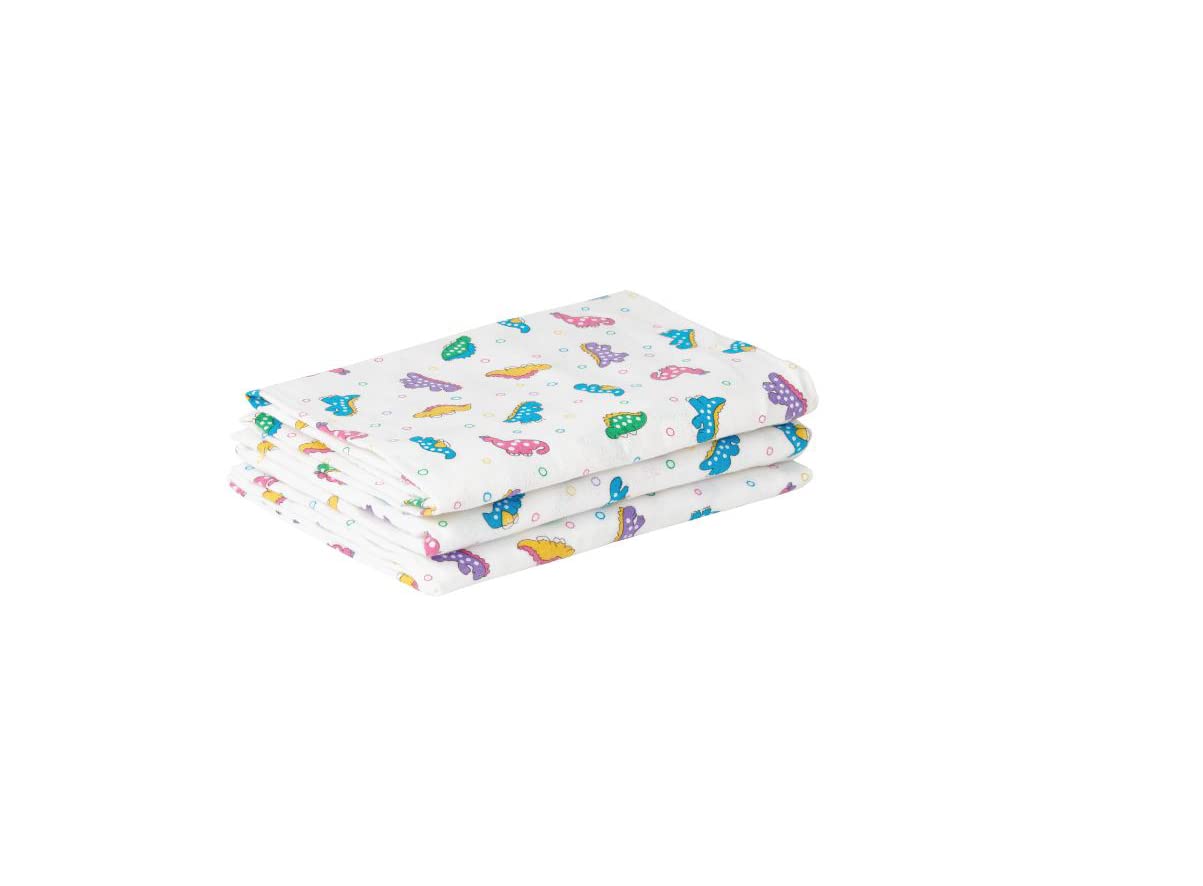 Medline Dinosaur Print Baby Blanket, Classic Design, 100% Cotton, Soft, Cuddly, Swaddling, 30" x 40", 3 Count