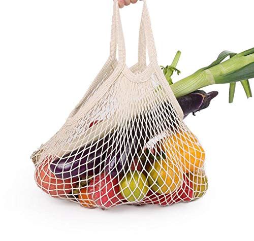 4 Pack Portable Reusable Grocery Bags Fruit and Vegetable Bag Washable Cotton Mesh String Organic Organizer Shopping Handbag Long Handle Net Tote (grey blue,Black,Beige,Pink)