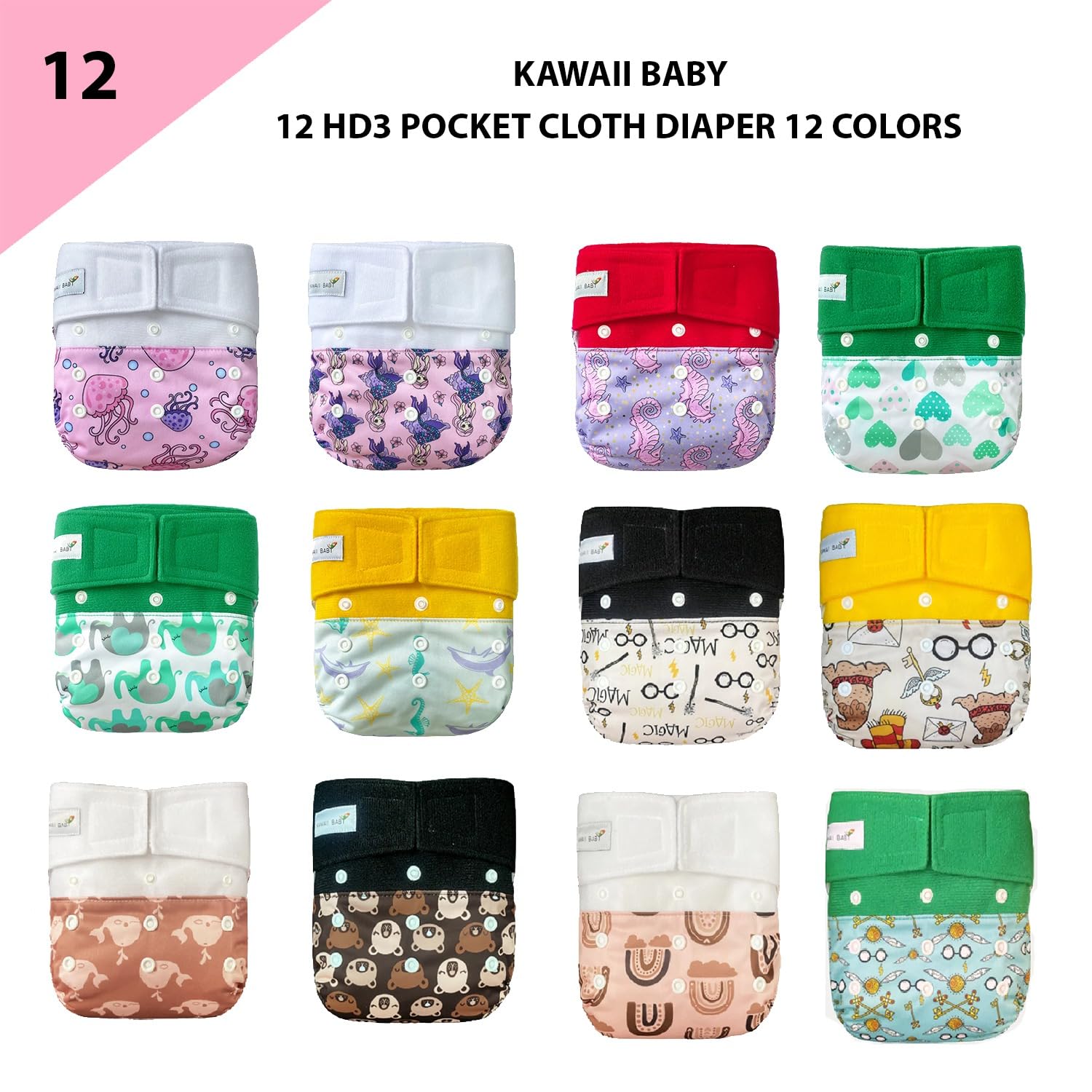 12 KaWaii Baby One Size HD3 Cloth Diapers + 24 One Size Stay-Dry Super Absorbent Inserts 8-36 pounds Unisex - Best Daycare Cloth Diaper